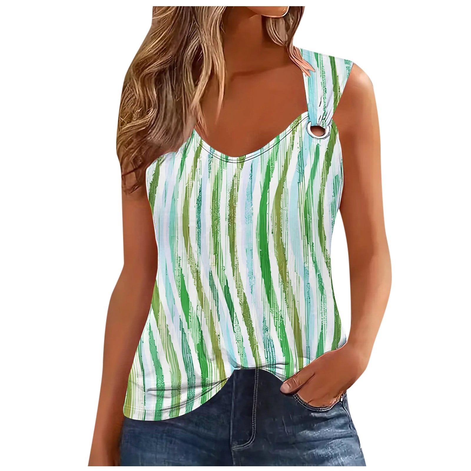 FANDANIV Women Tops Tank Loose Basic 2024 Trendy Outfits Ring Striped ...