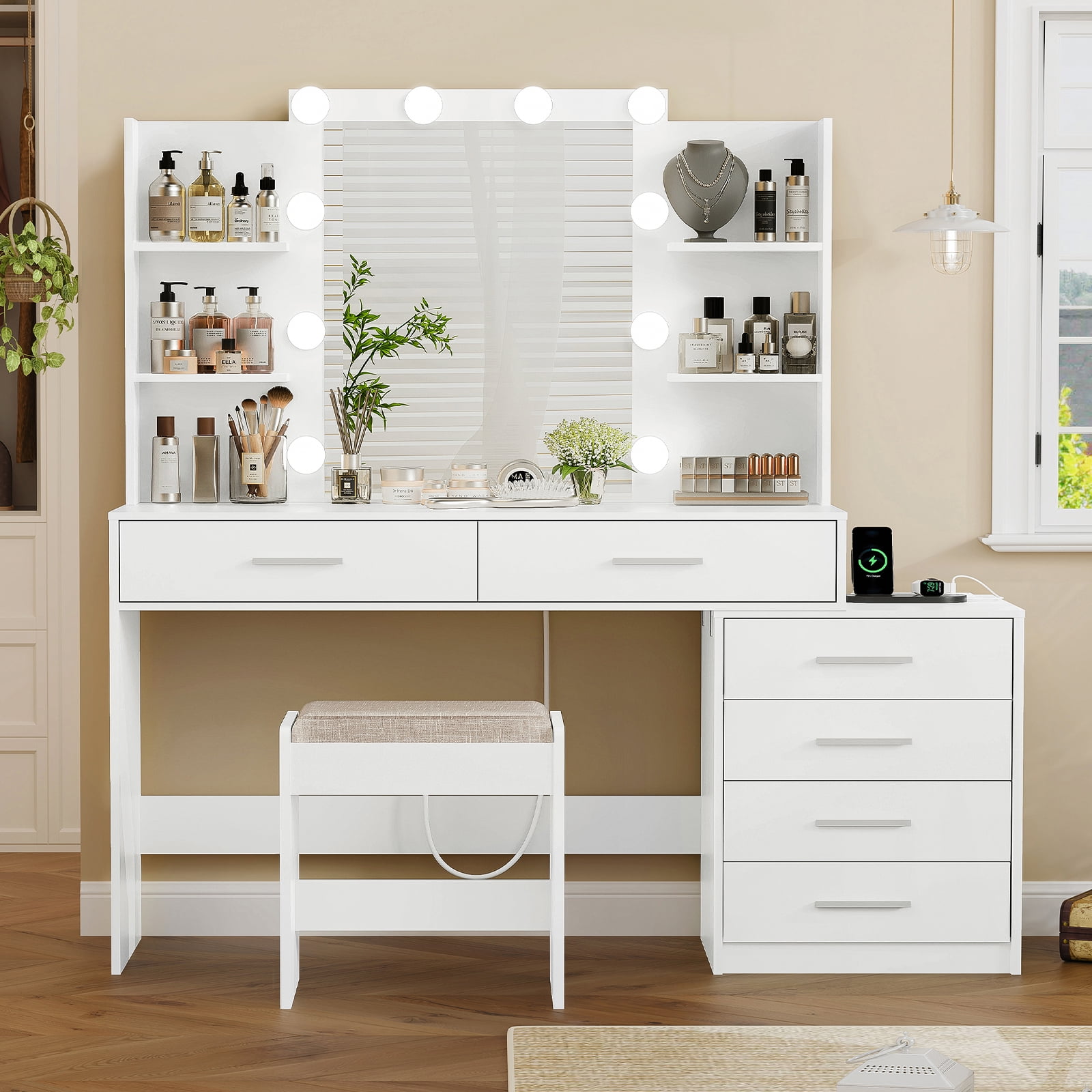 FANGSUM Vanity Desk with Mirror, Lights, 6 Drawers, Charging Station ...