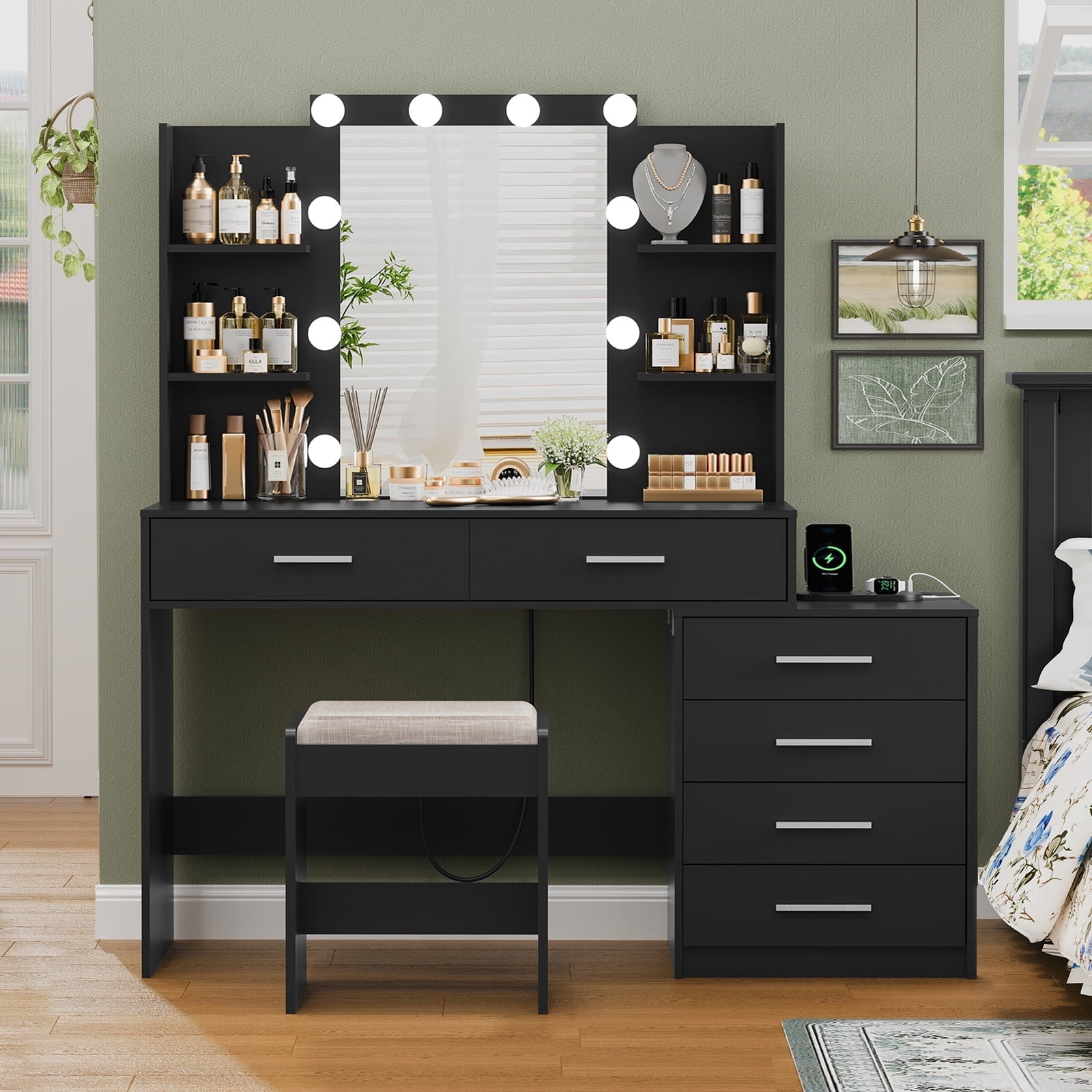 FANGSUM LED Vanity Desk with USB Charging Station, Mirror, 6 Drawers ...