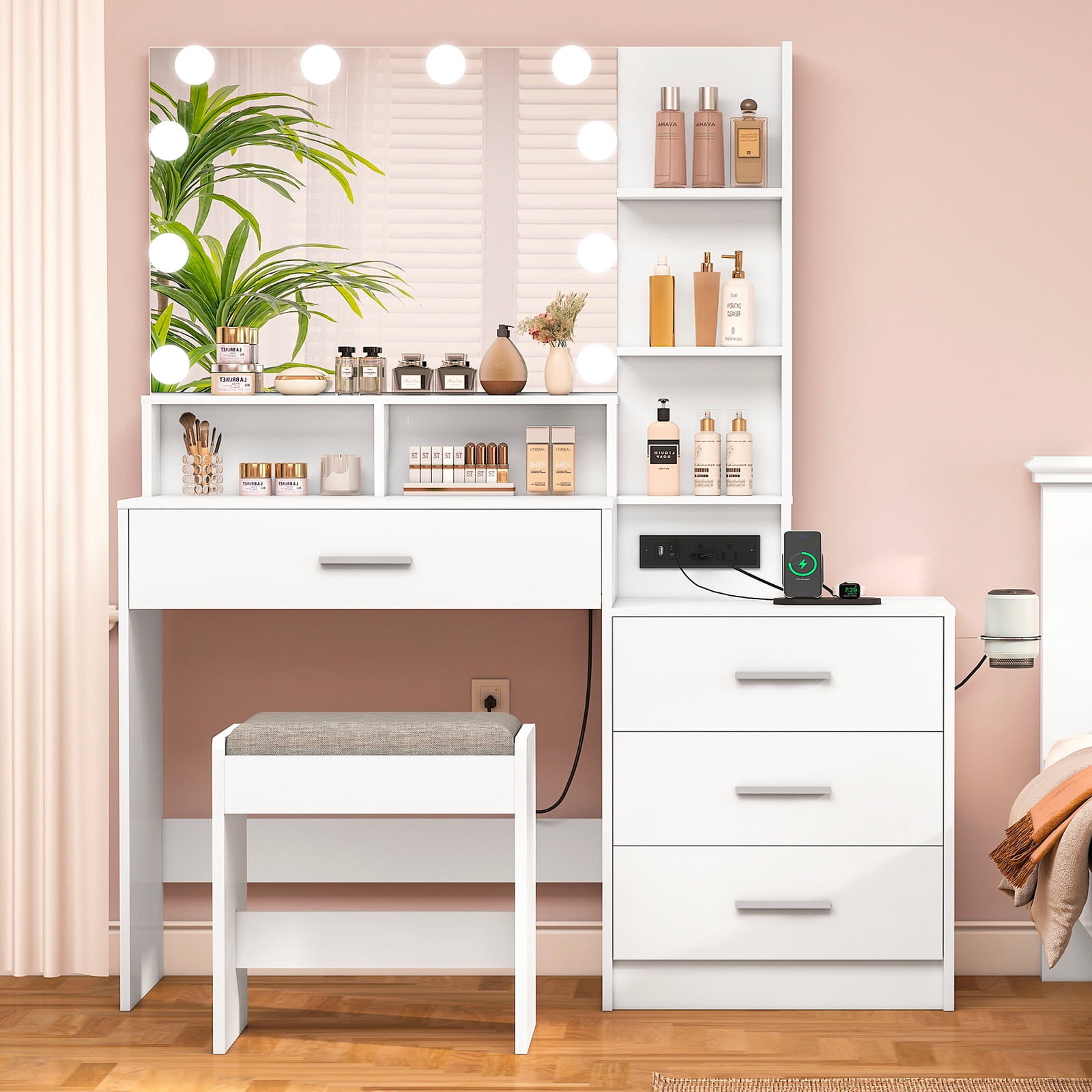 SOMLINE Modern Vanity Table Set with Lighted Mirror & Charging Station ...