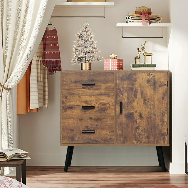 FANGSUM Modern Solid Wood Storage Cabinet with Door & 3 Drawers ...