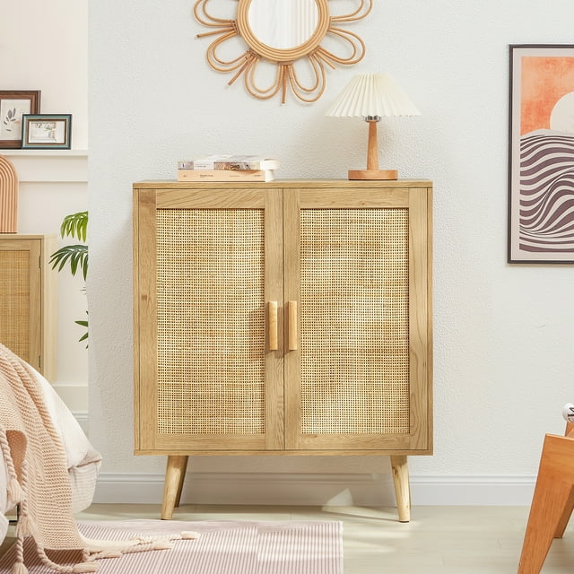 FANGSUM Natural Rattan Door Storage Cabinet, Adjustable Shelves, Buffet ...