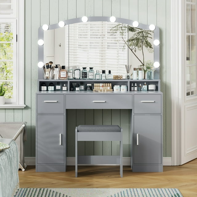 FANGSUM Grey Vanity Desk with Large Mirror, 10 LED Bulbs, 3 Drawers & 2 ...