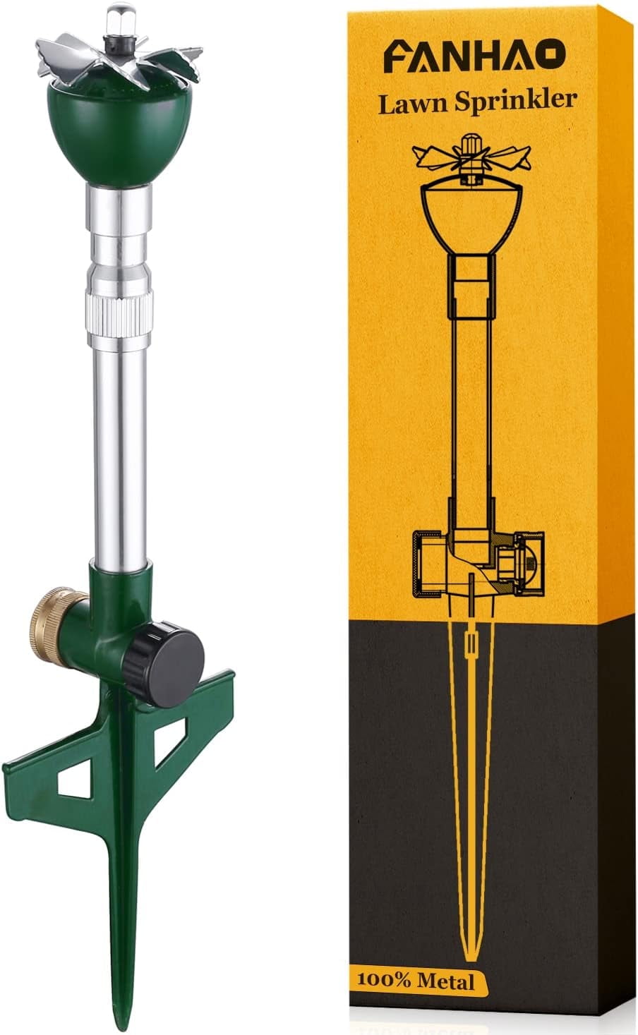 FANHAO 100% Metal Water Sprinkler with Heavy Duty Spike Base, 360 ...