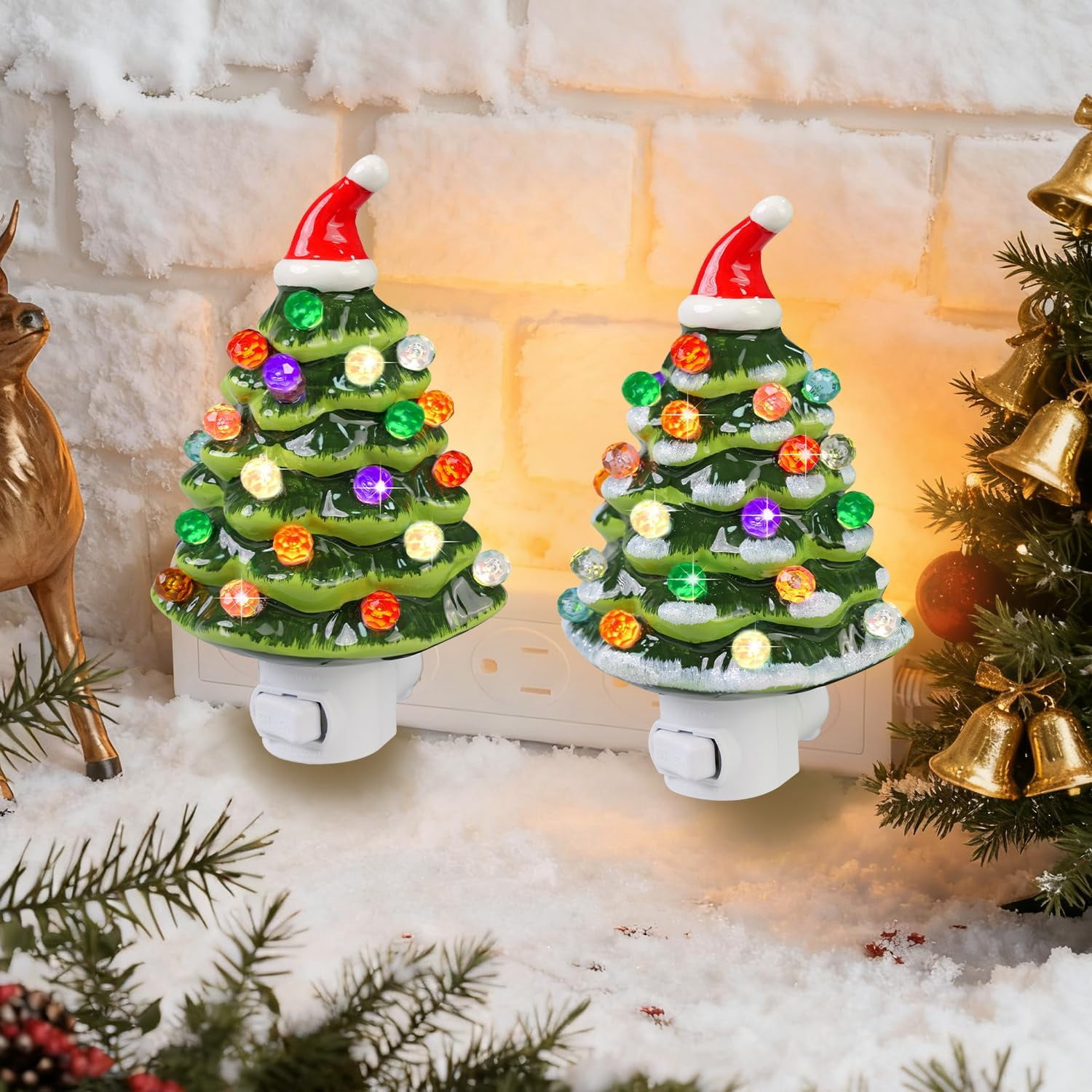 FANHUA-2 Pack Ceramic Christmas Tree Night Light Plug in,6.3" Vintage ...
