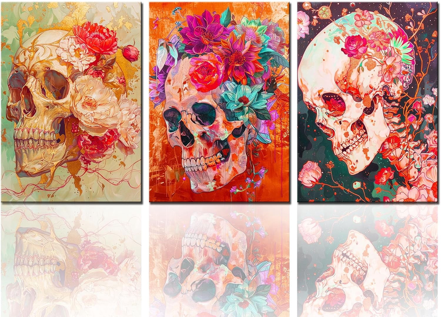 FANINSE 3 Pieces Gothic Home Decor Vintage Flower Golden Skull Canvas ...