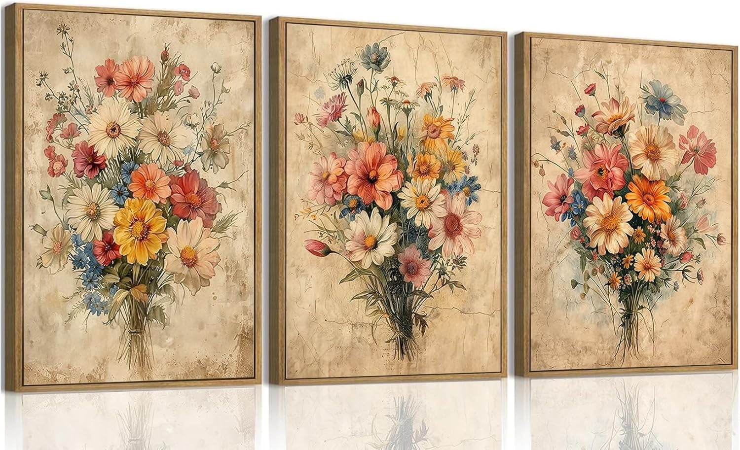 FANINSE Framed Colorful Wildflower Canvas Wall Art Set Of 3 Flowers ...