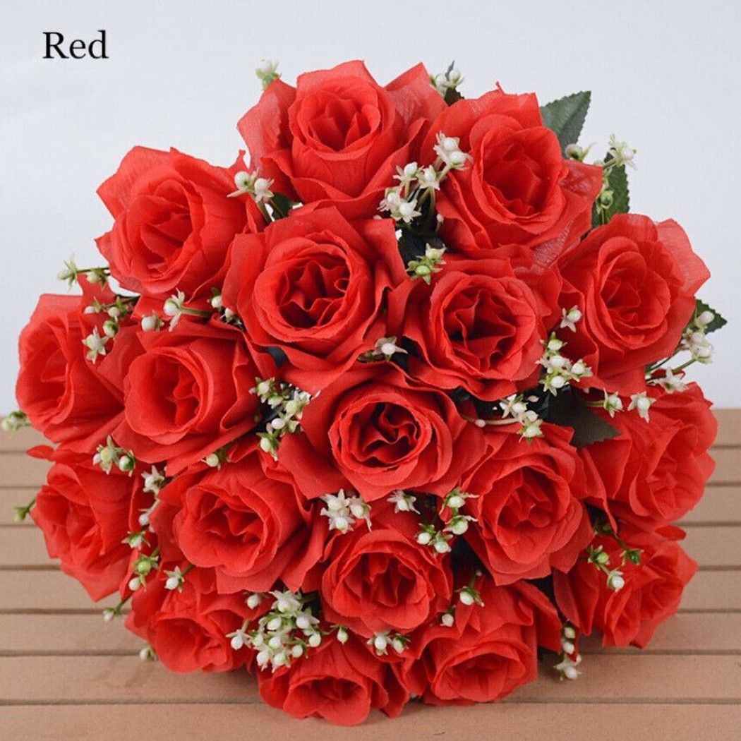 FANJIE 18 Heads Artificial Silk Rose Flowers Fake Bouquet Wedding Party ...
