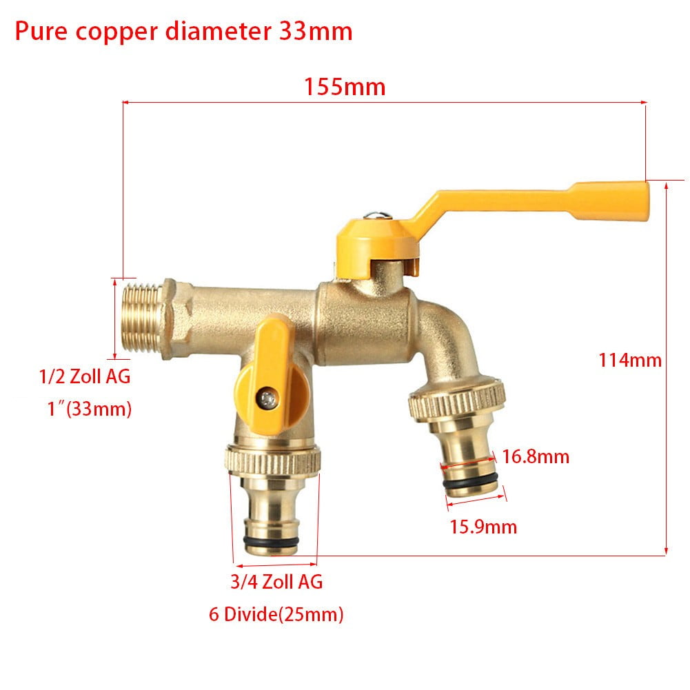 FANJIE Double Taps Brass Water Faucet Garden Hose Splitter 2 Way Thread ...