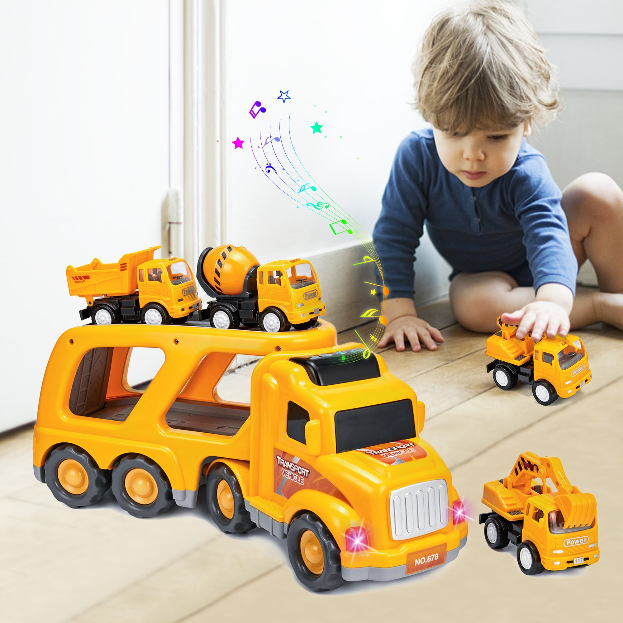 FANNYC Toy Transporter Construction Vehicles Carrier Truck Toys Set With Sound,5-In-1 Children's ...