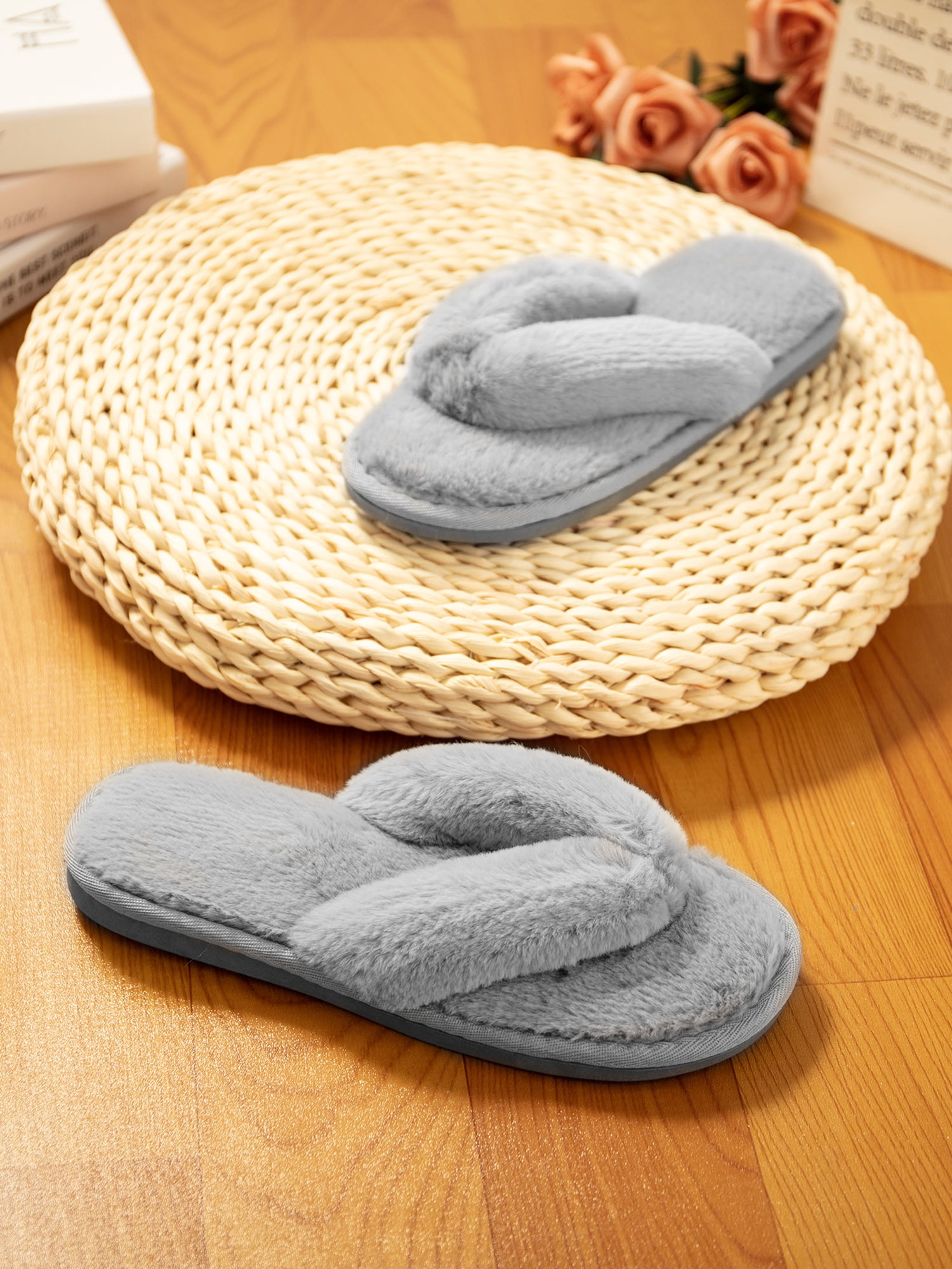 FANNYC Women's Fuzzy Fluffy Furry Slippers Flip Flop Open Toe Cozy ...