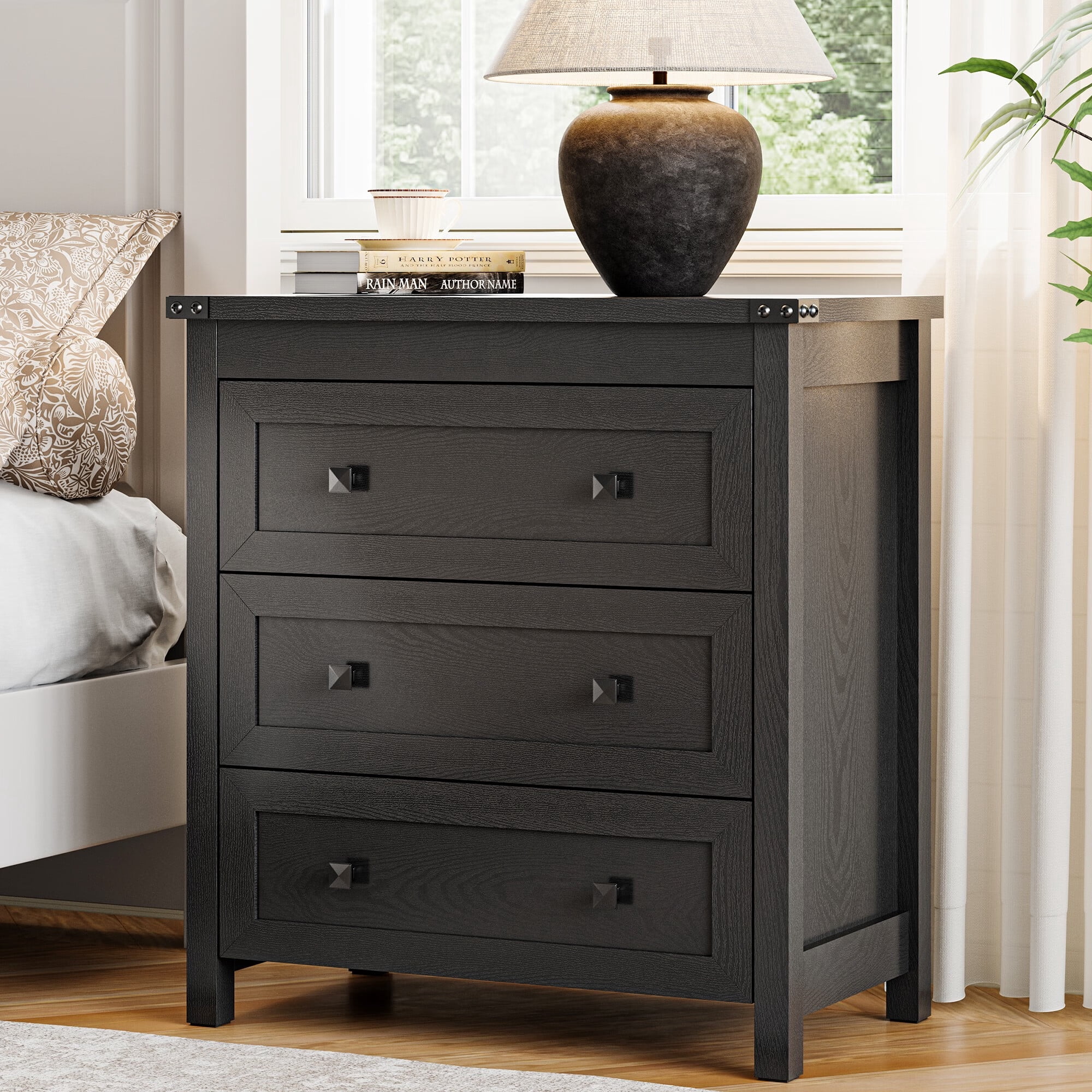FANRAL 3 Large Drawer Nightstand,29.5" Tall Night Stand,27.5" Wide Side ...