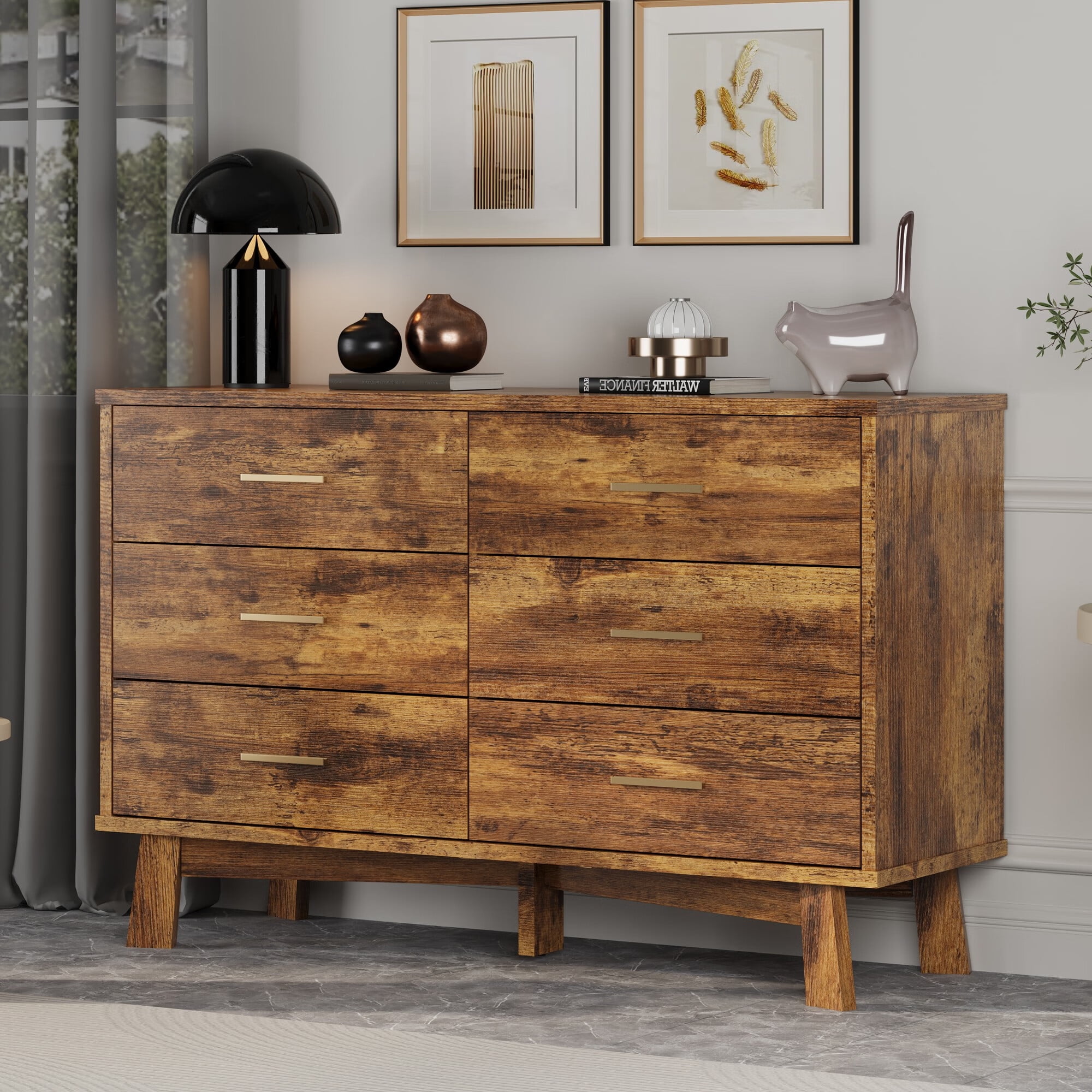 FANRAL 6 Drawer Dresser for Bedroom,Wood Modern Chest of Drawers with X ...