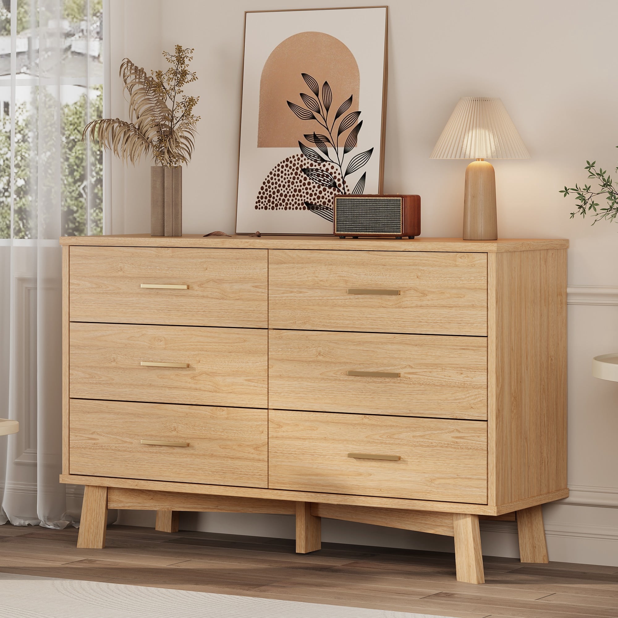 FANRAL, Dresser, 6 Drawers, Natural Oak, Modern Chest of Drawers ...