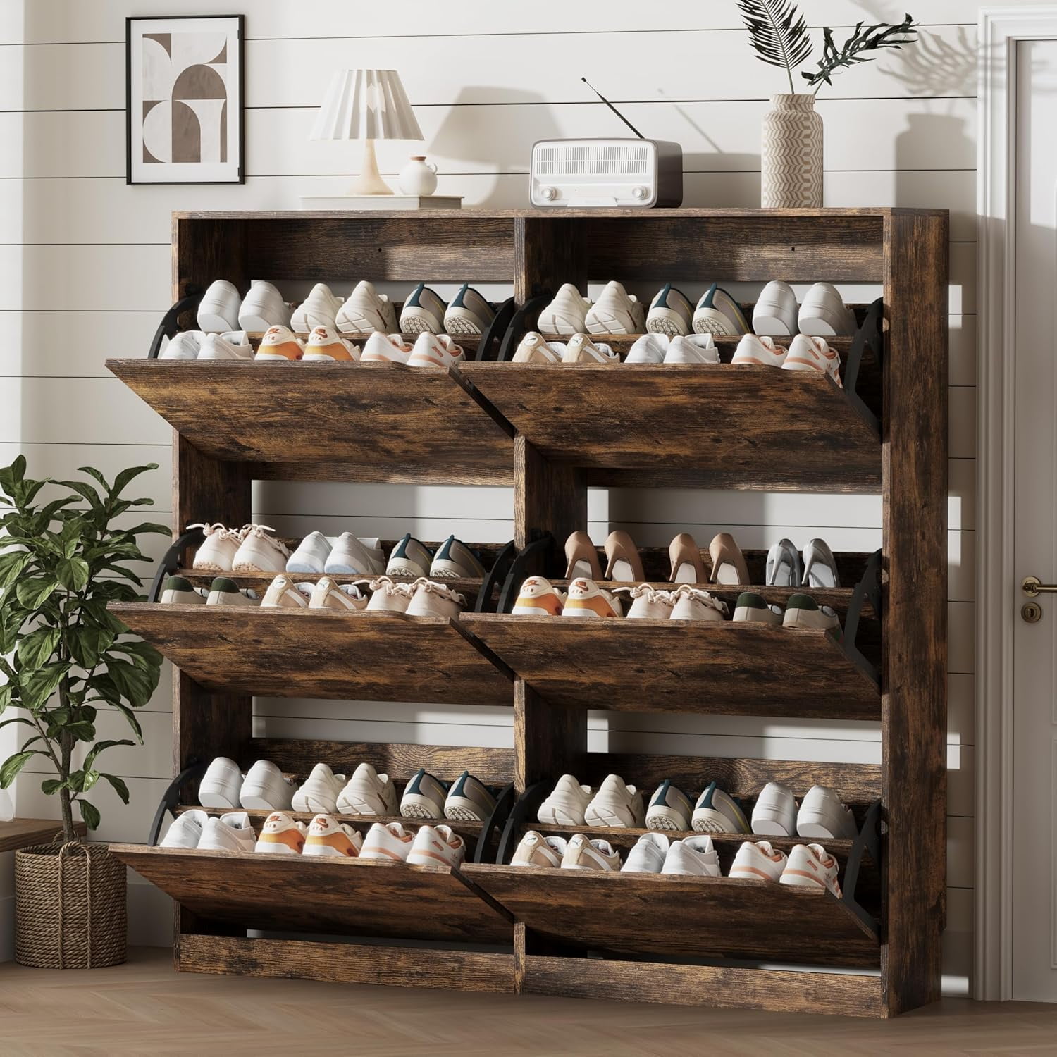 FANRAL 6 Flip Drawer 12 Tier Shoe Storage Cabinet,Wooden Shoe Rack ...