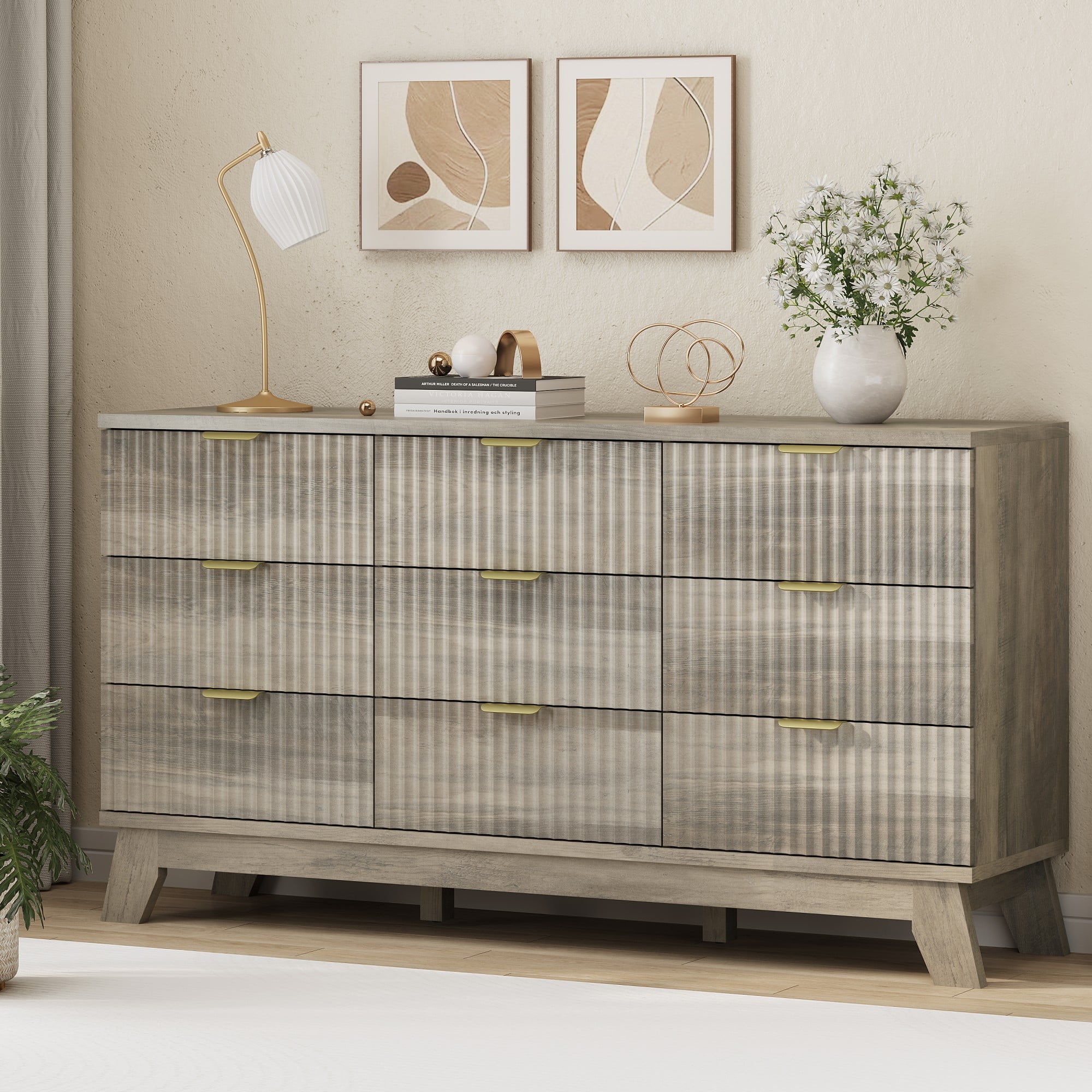 FANRAL 9 Drawer Dresser Fluted Dresser for Bedroom,Wooden Chest Of ...