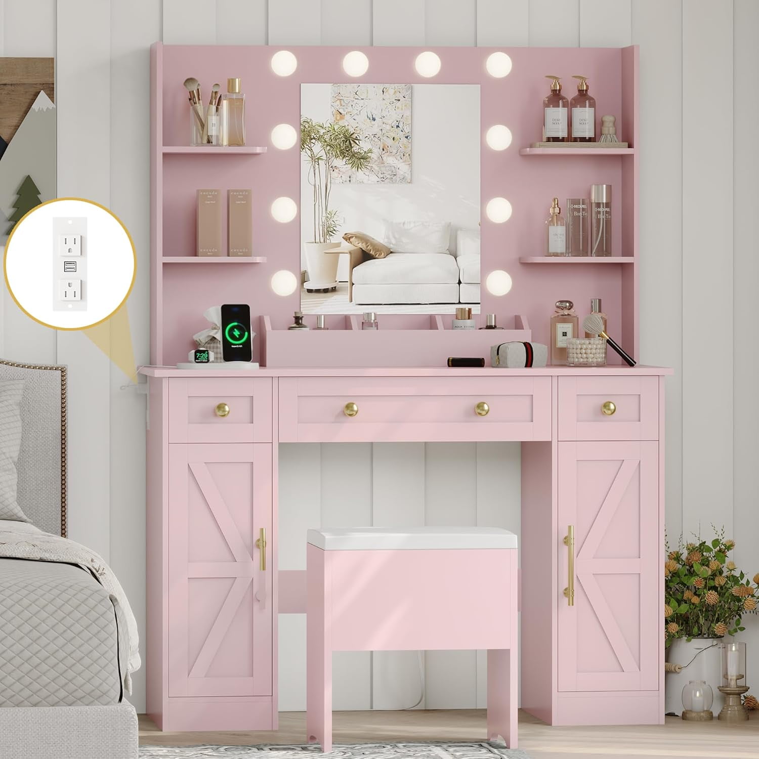 FANRAL Makeup Vanity Desk,42.5" Vanity Set with Mirror and Lights ...