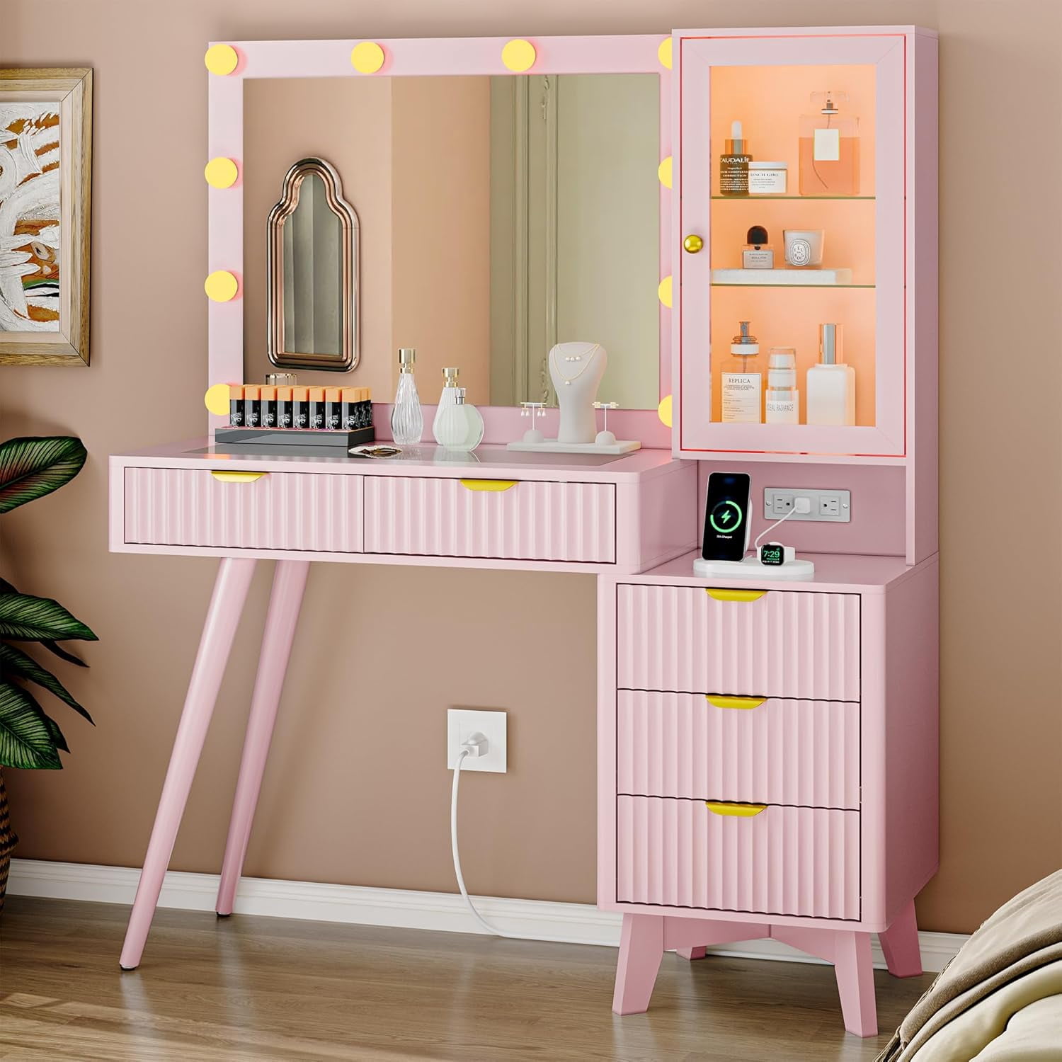 FANRAL Makeup Vanity Desk with Mirror and Lights,45" Pink Fluted Glass ...