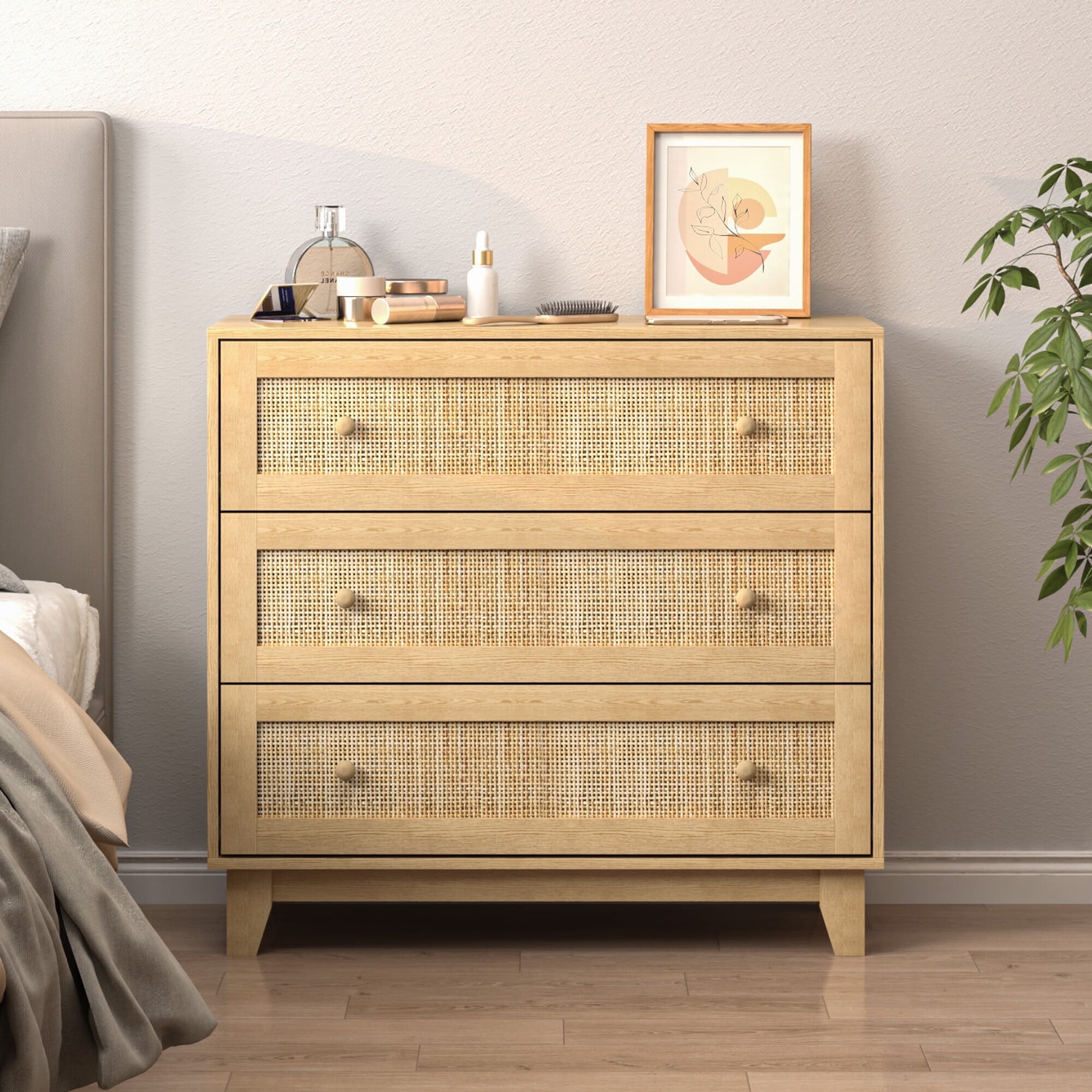 FANRAL Rattan Large Nightstand,27.6"H Wood Tall Night Stand,Wide Modern ...