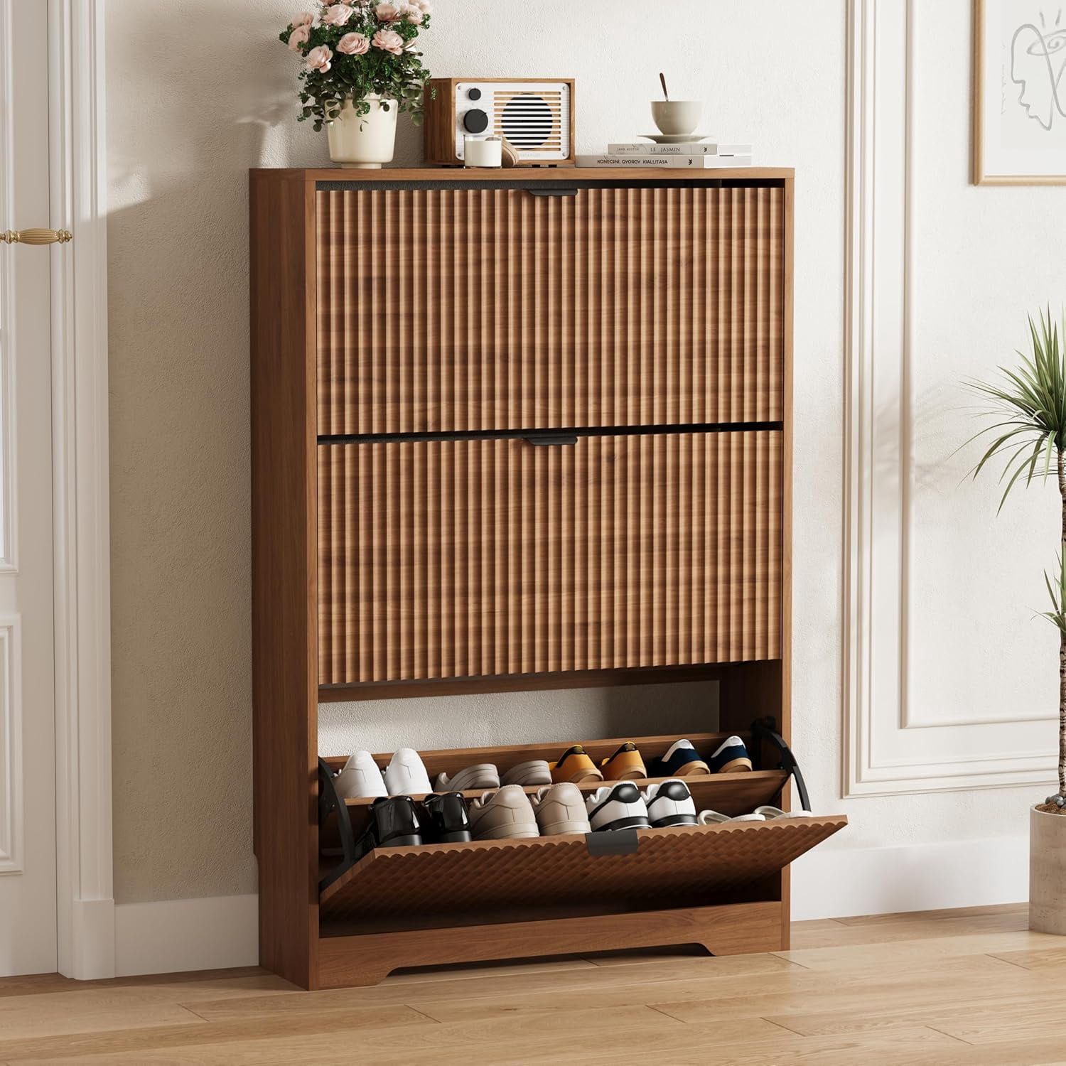 FANRAL Shoe Cabinet with 3 Flip Drawers,Fluted Shoe Storage Cabinet ...