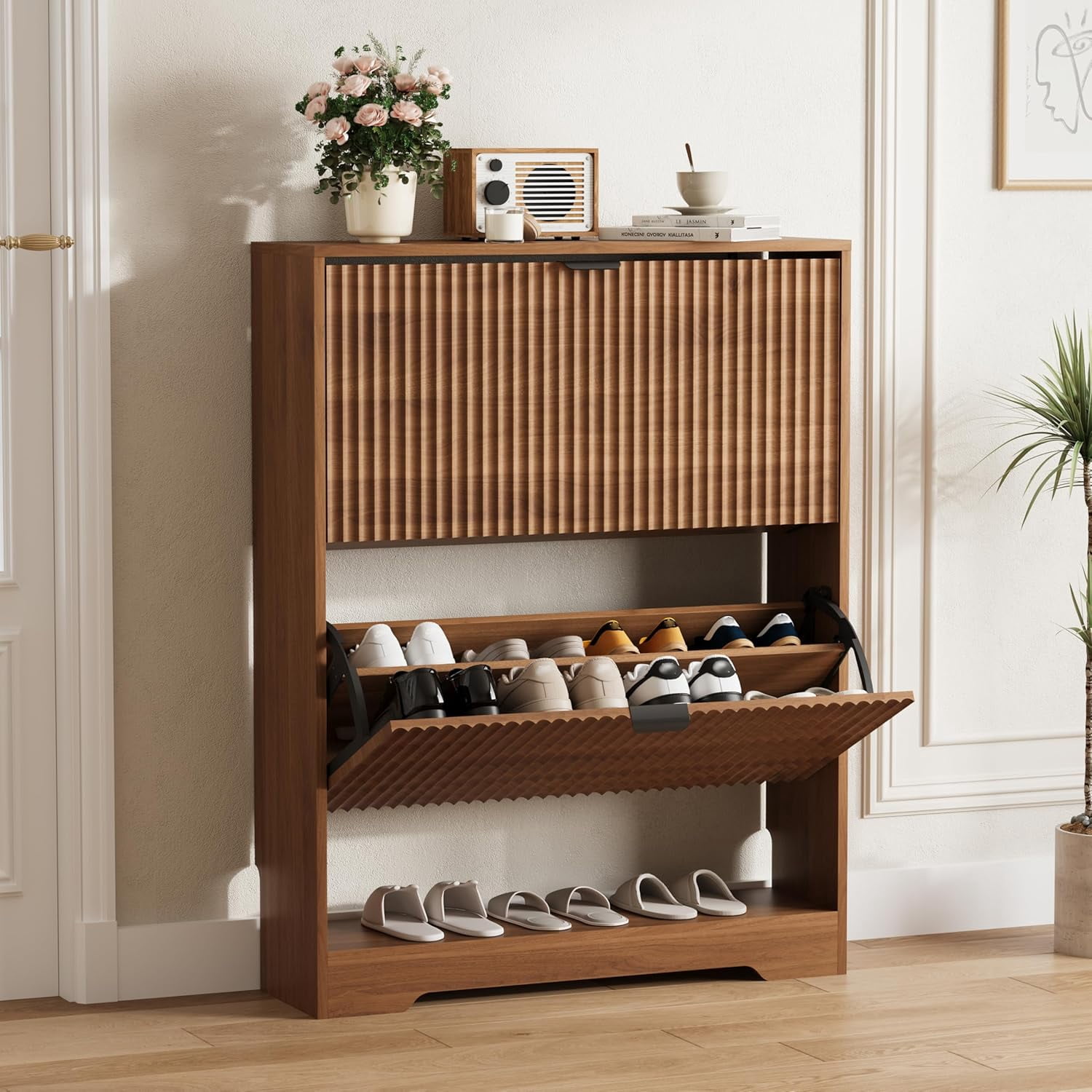 FANRAL Shoe Storage Cabinet with 2 Flip Drawers & Open Storage,Wood ...