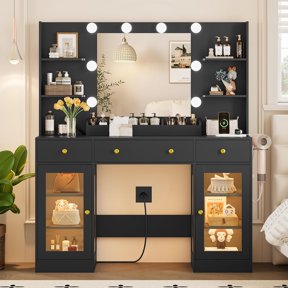 Ember Interiors Ibbie Modern Vanity Table - Lighted Mirror, 11 Drawers ...