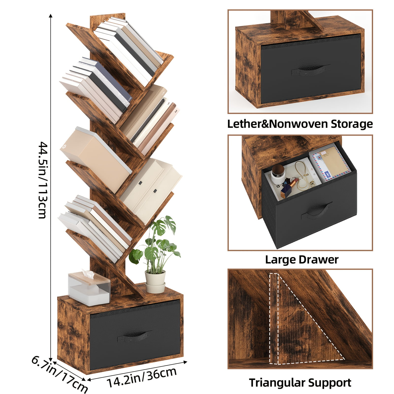 FANRUINA 6-Shelf Bookshelf with Drawer - Tree Design Bookcase, Storage ...