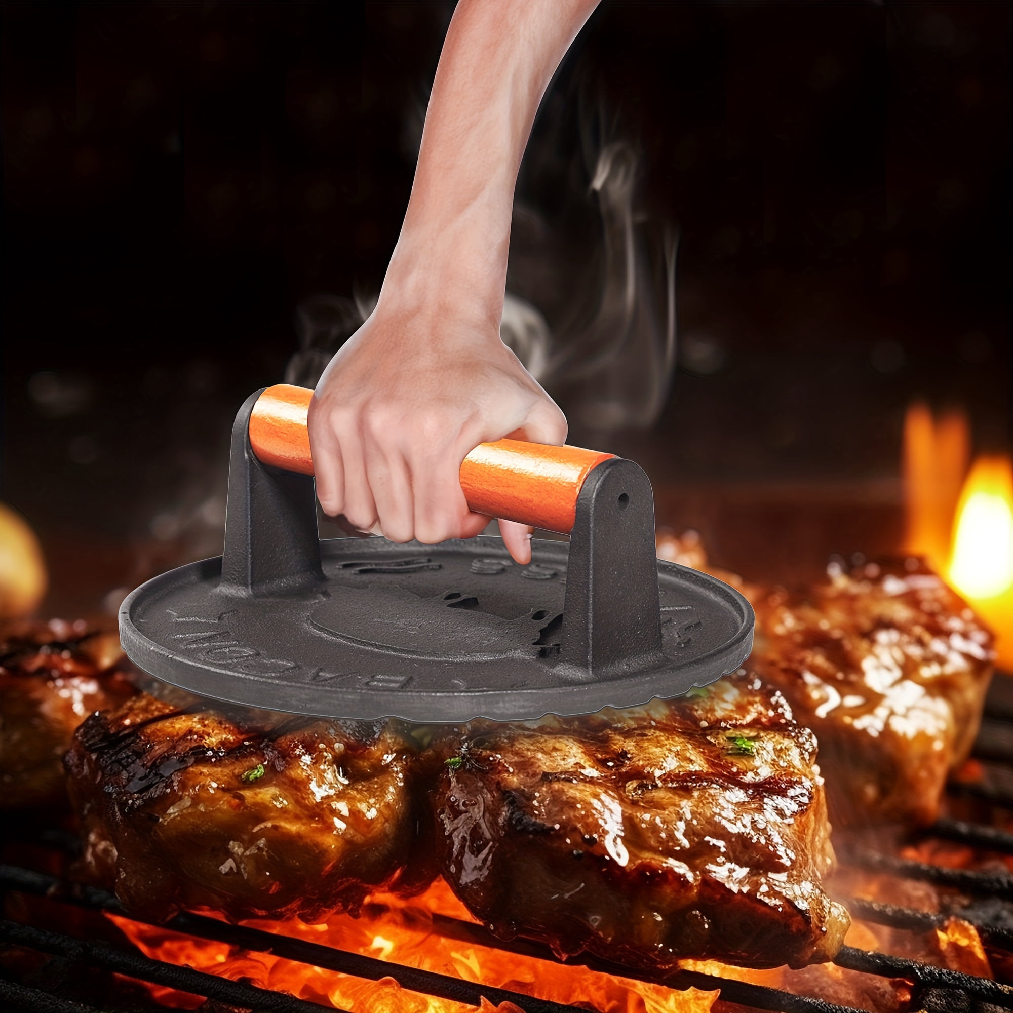 FANRUINA Heavy-Duty Cast Iron Burger & Meat Press with Ergonomic Wooden ...
