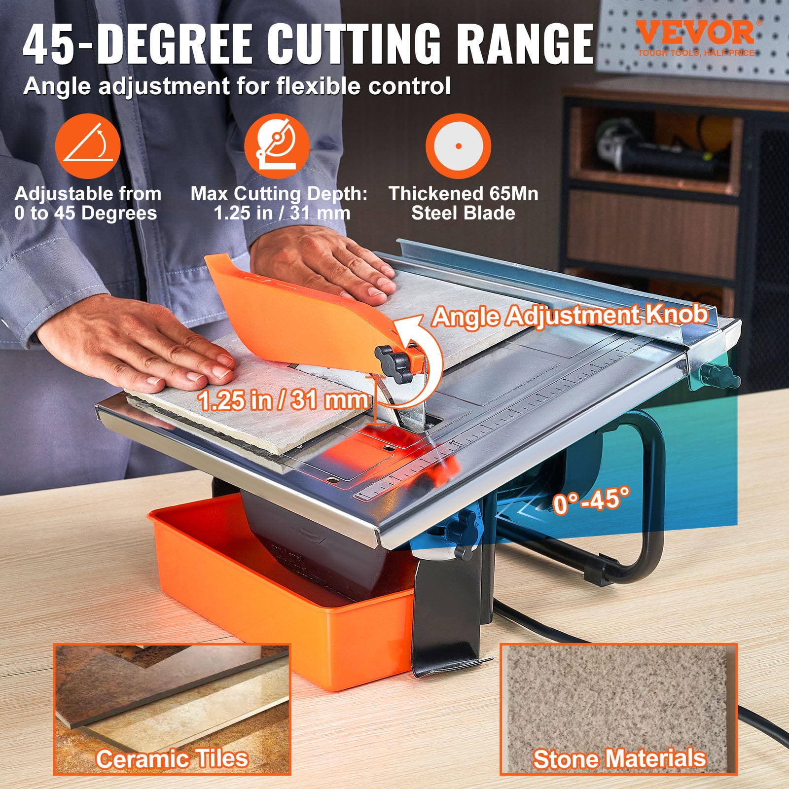 FANRUINA Wet Tile Saw, 7-inch 65Mn Steel , 3500 RPM Induction Motor ...
