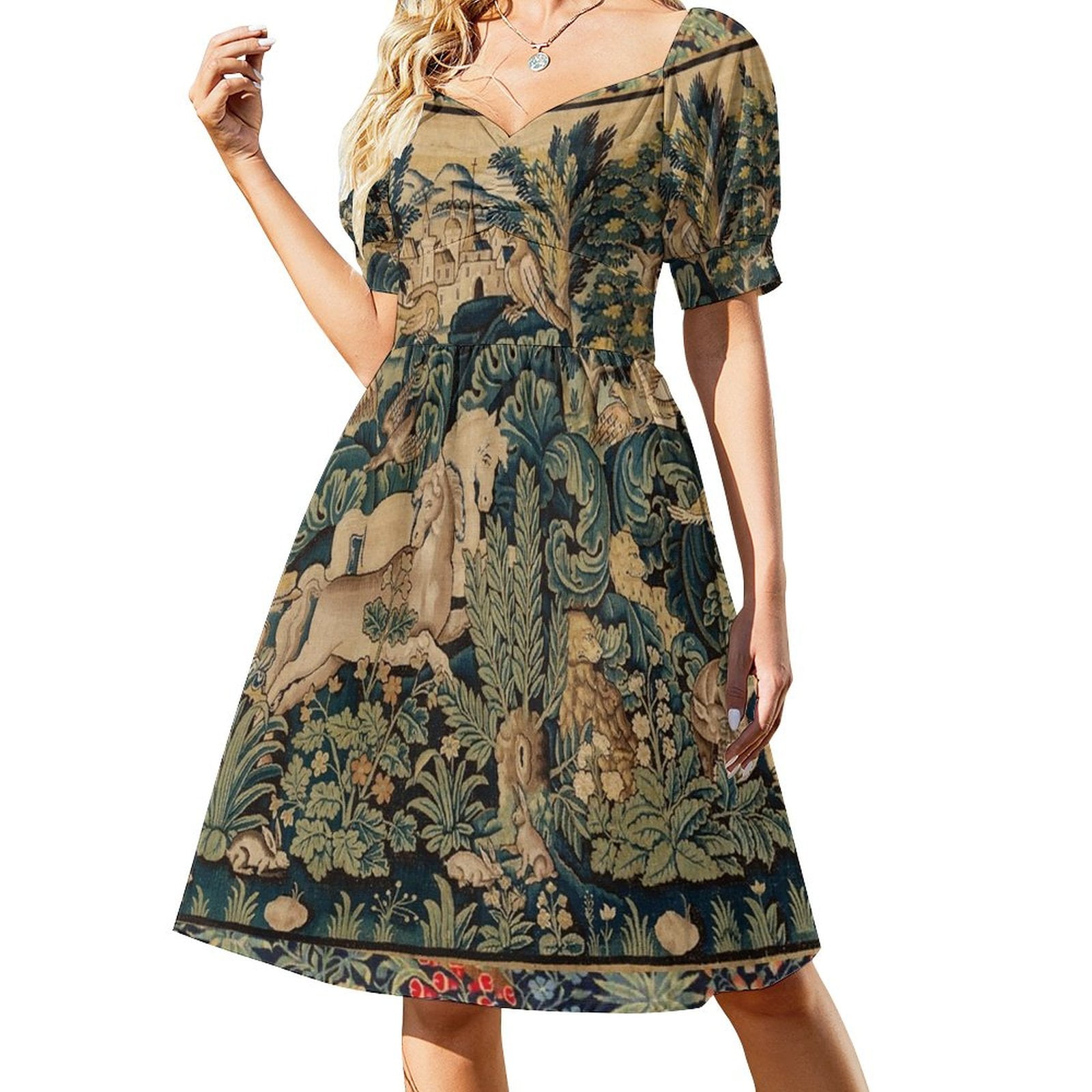 FANTASTIC ANIMALS AND HORSES IN WOODLAND Blue Green Ivory Antique ...