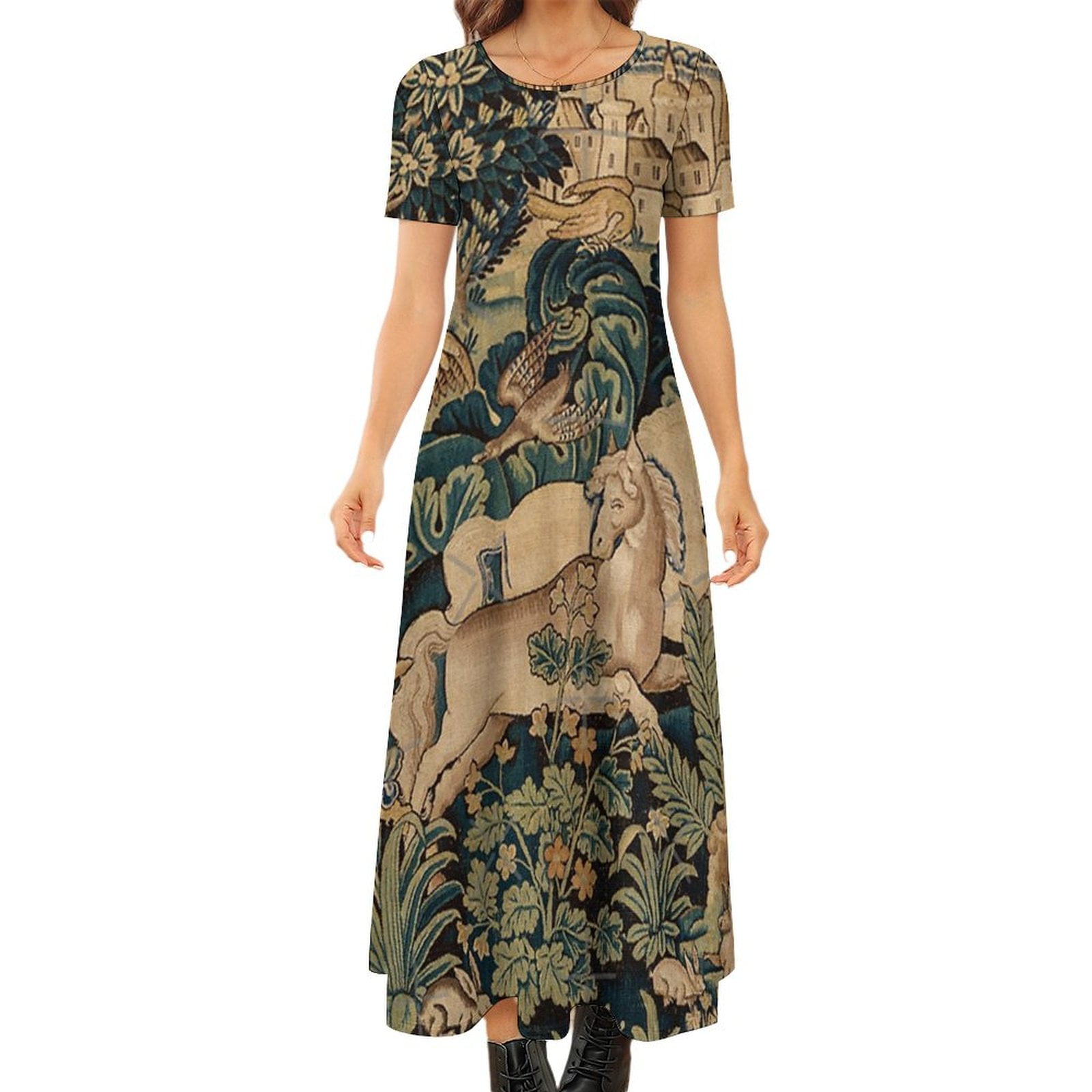 FANTASTIC ANIMALS AND HORSES IN WOODLAND Blue Green Maxi Dress for ...