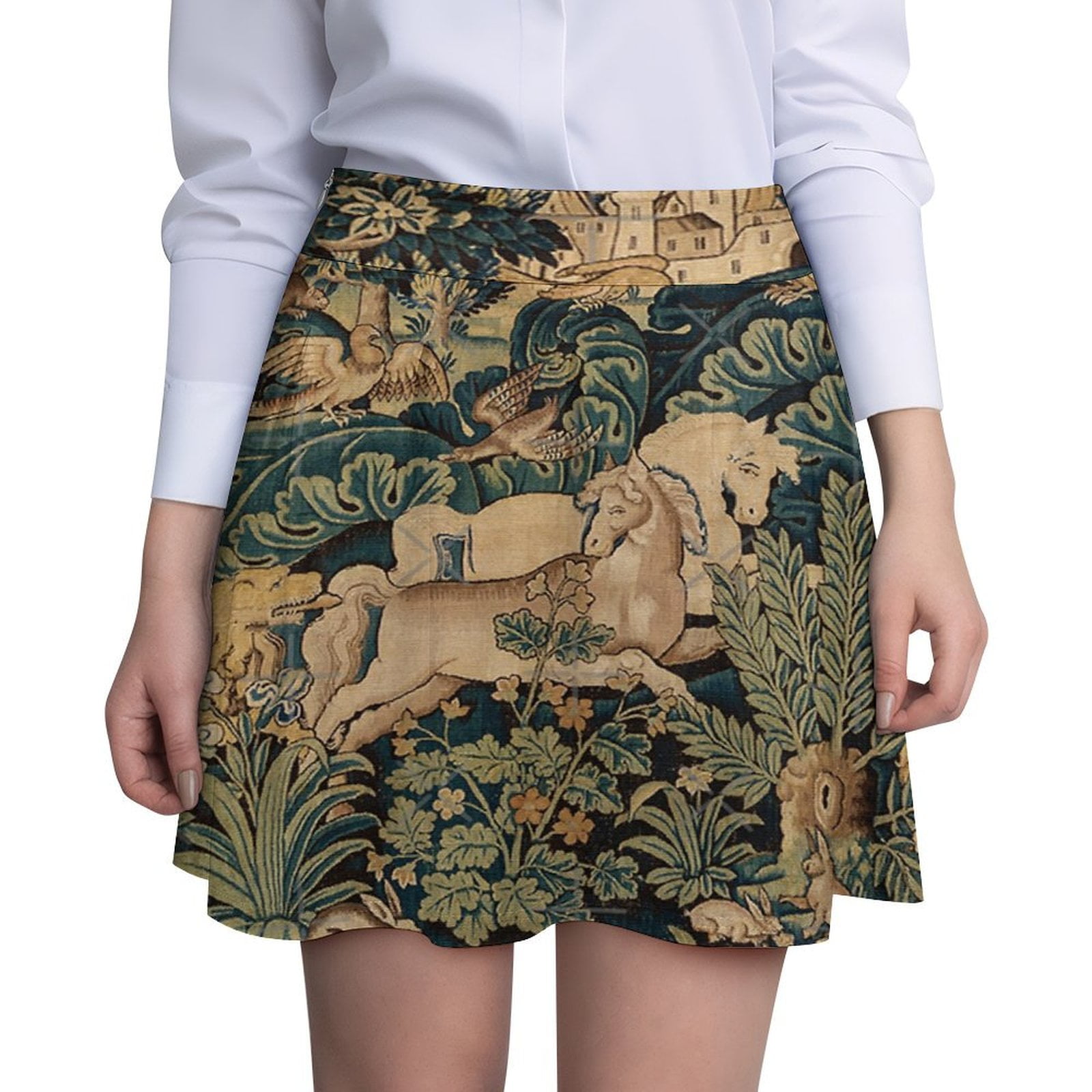 FANTASTIC ANIMALS AND HORSES IN WOODLAND Blue Green Women's Casual Mini ...