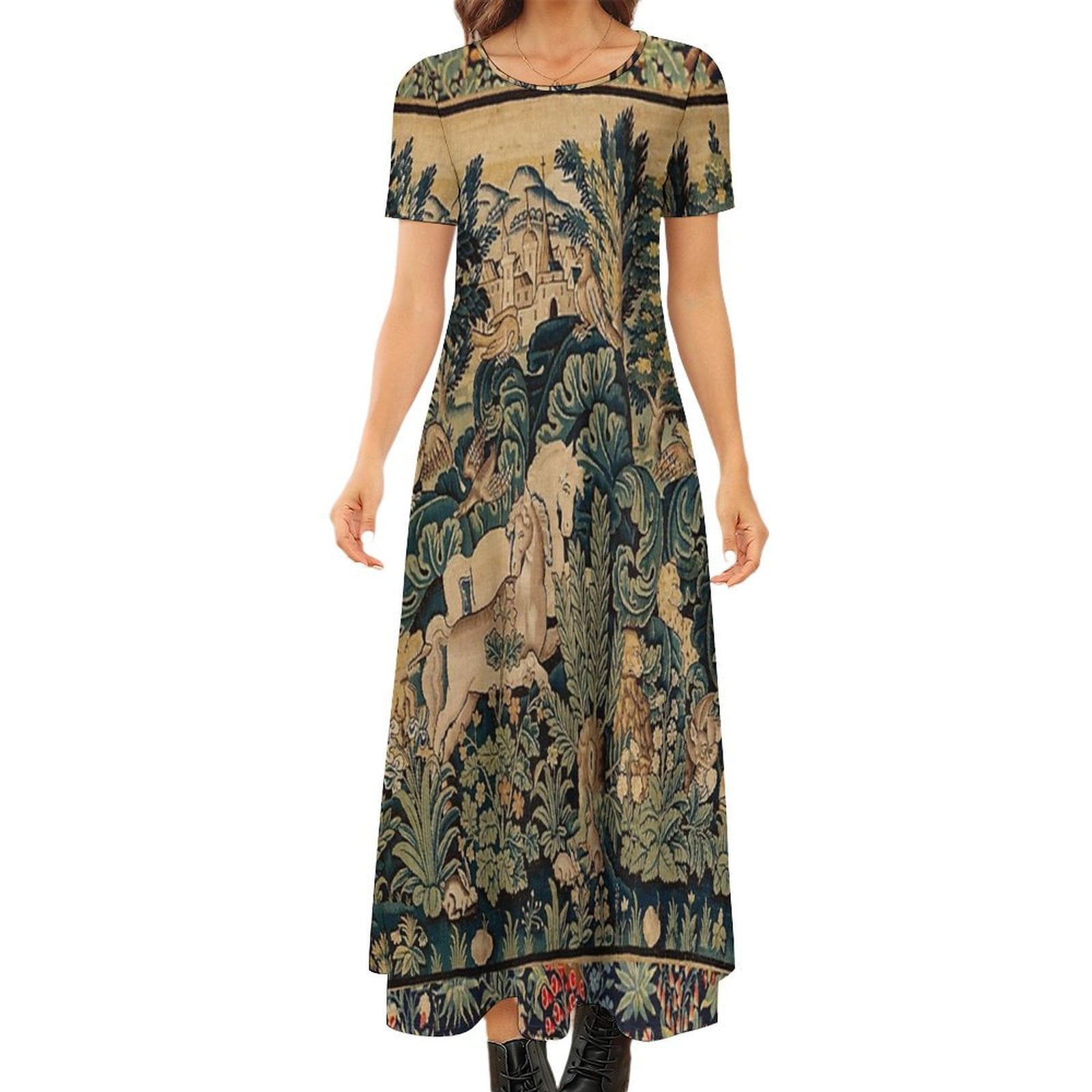 FANTASTIC ANIMALS AND HORSES IN WOODLAND Maxi Dress for Women Crew Neck ...