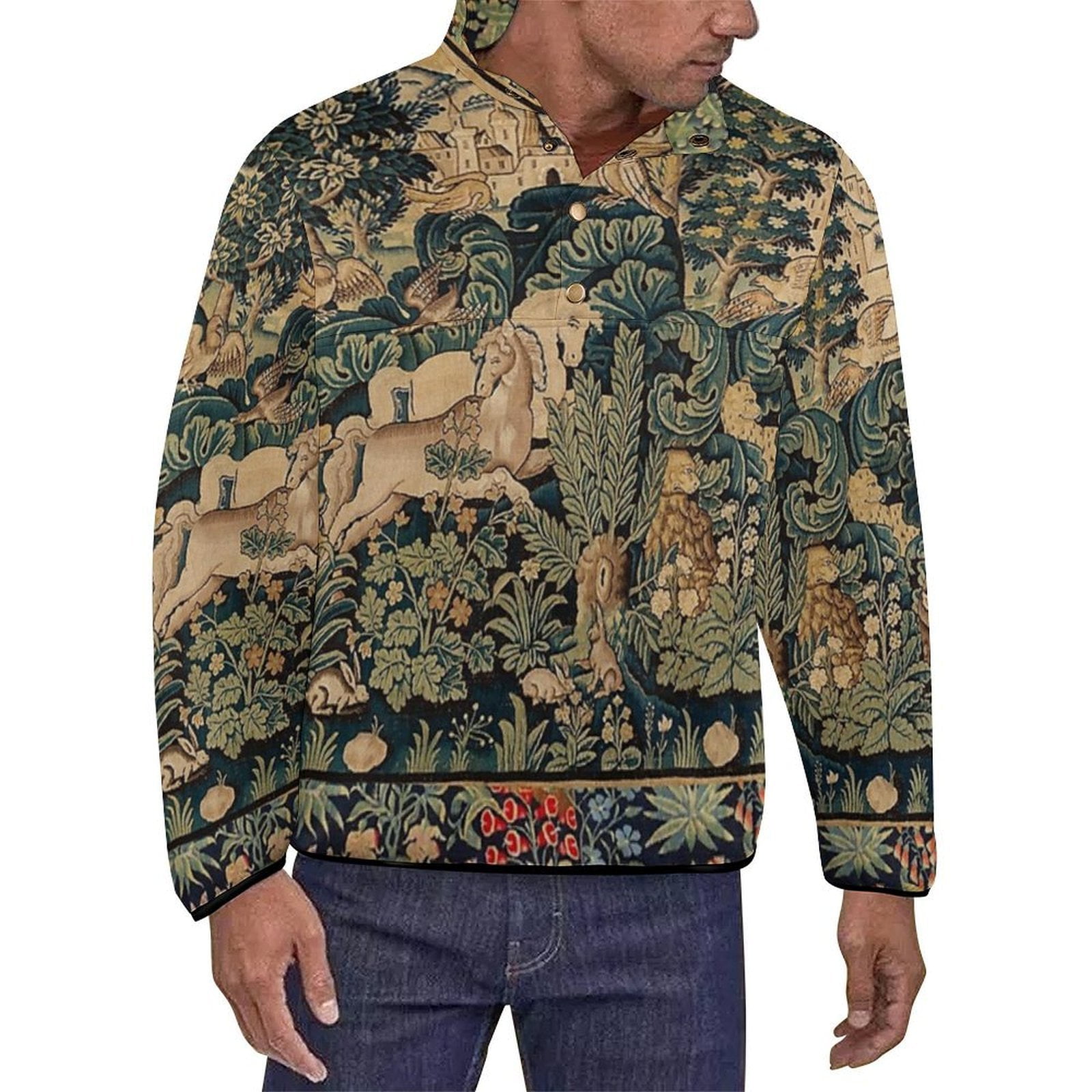 FANTASTIC ANIMALS AND HORSES IN WOODLAND Men's Stand Collar Sweater ...
