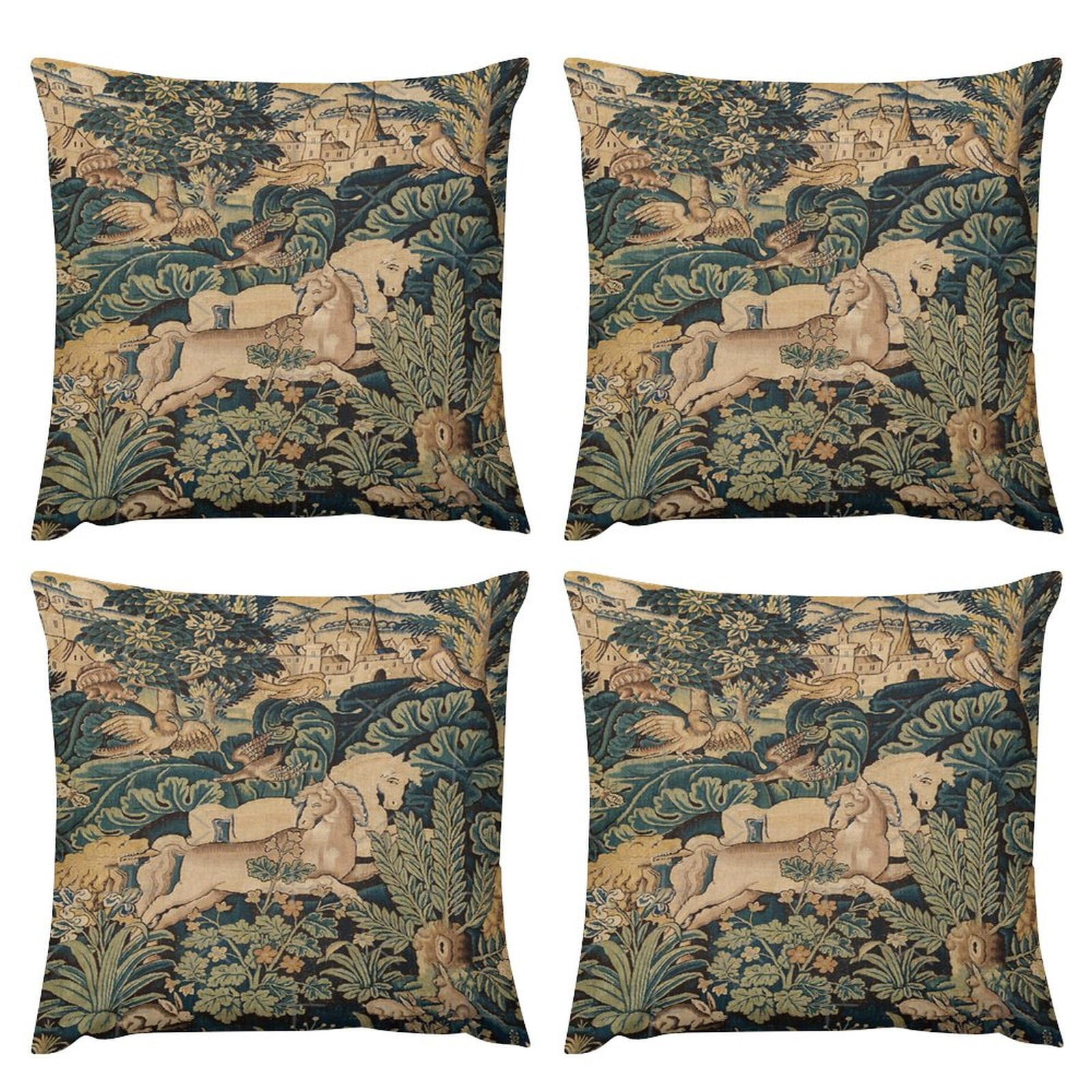 FANTASTIC ANIMALS AND HORSES IN WOODLAND Blue Green 4 Pcs Cushion ...