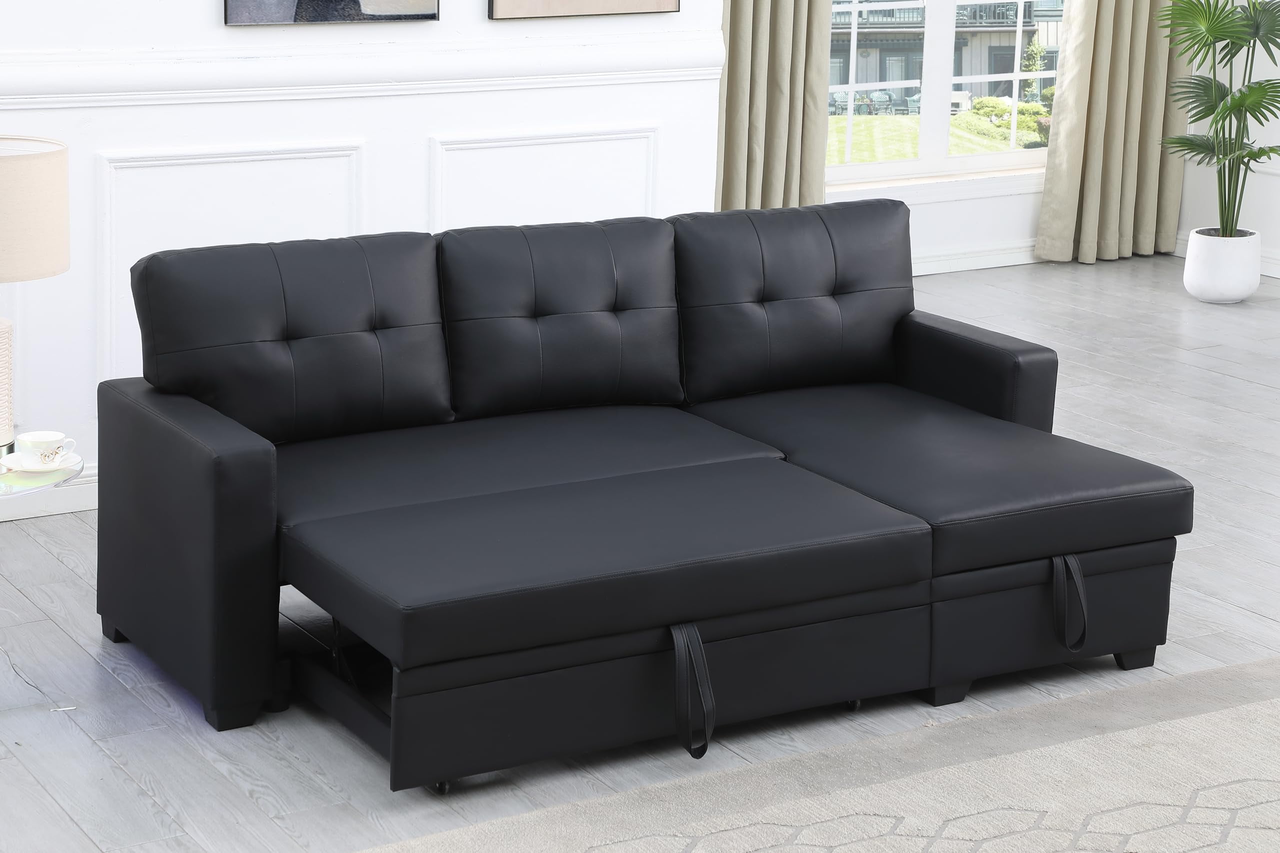 FANYE L-Shaped 3 Seaters Reversible Sleeper Sectional Sofa Faux Leather ...