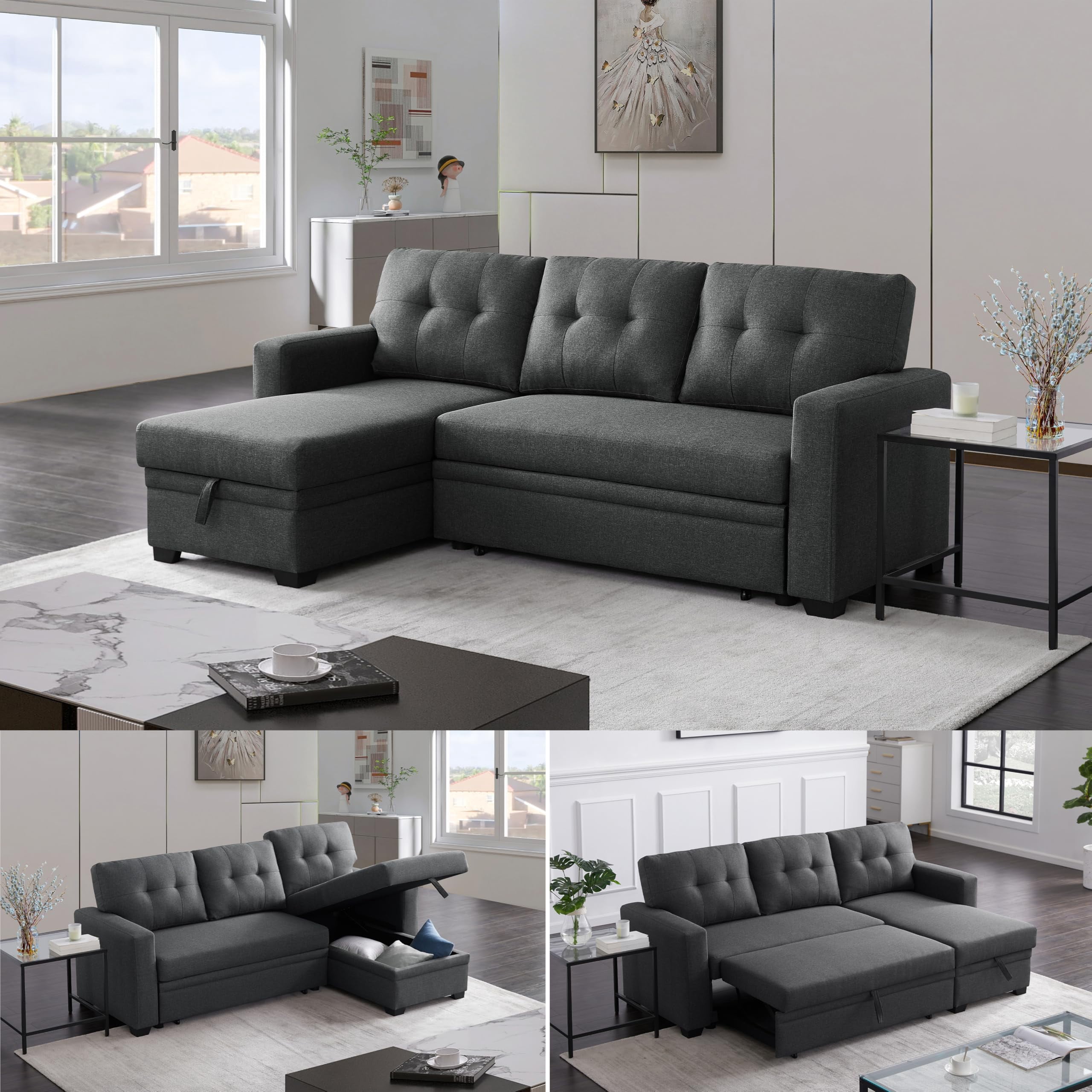 FANYE L-Shaped Corner Sleeper Sectional Sofa Modern Linen Upholstered ...