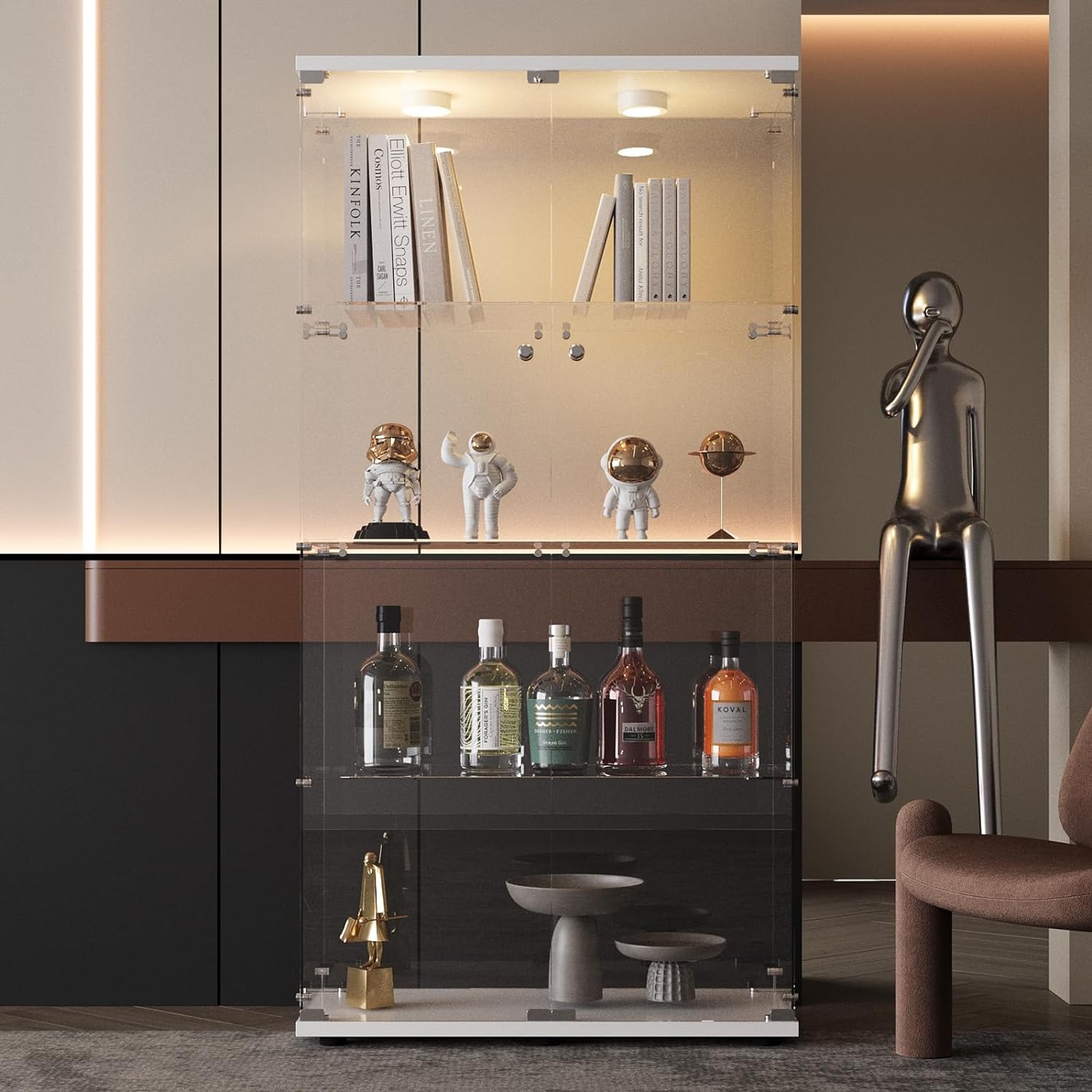 FANYUSHOW Glass Display Cabinet with LED Light, 2 Doors and Lock, Quick ...