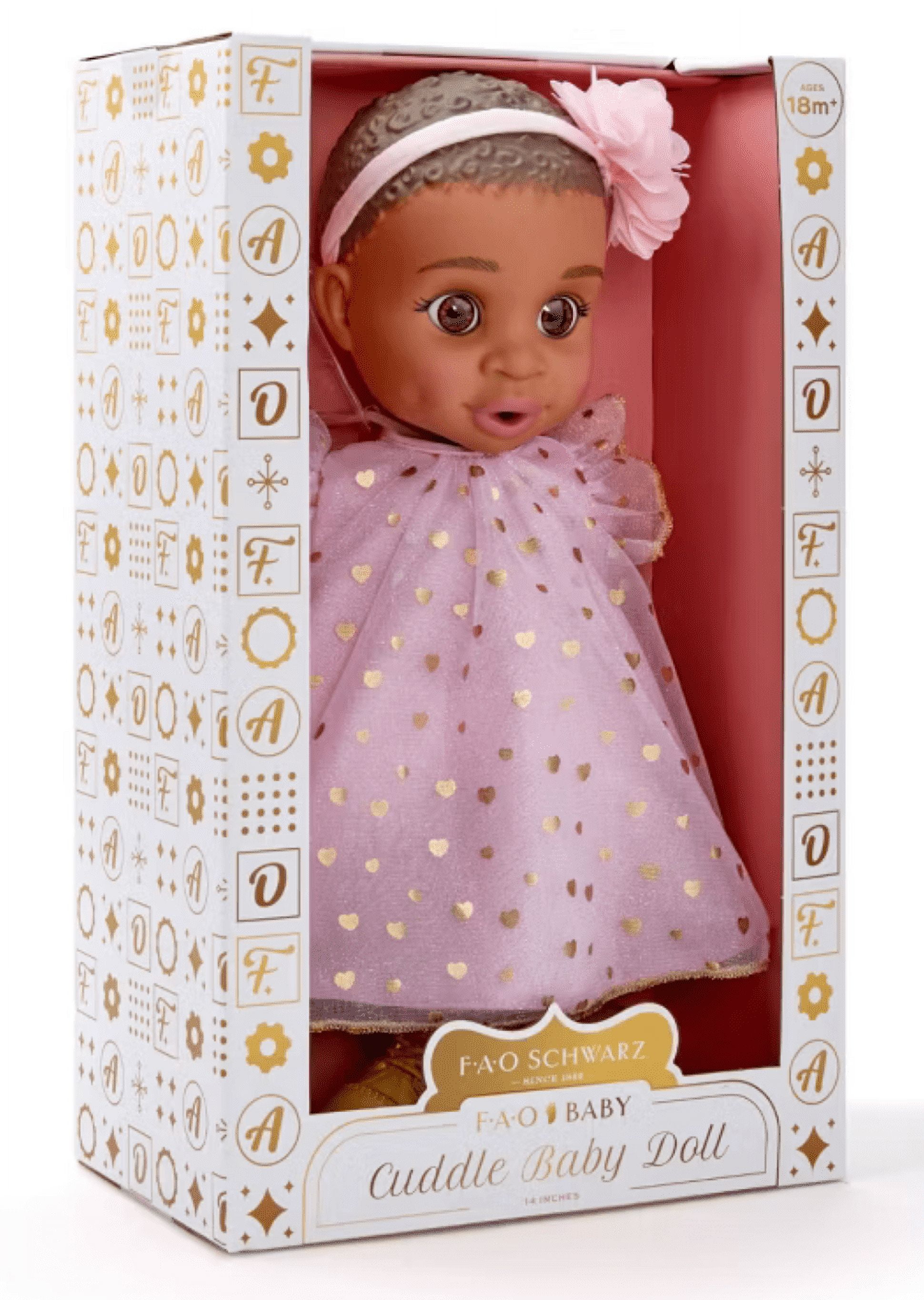FAO Schwarz 14" Cuddle Baby Doll - Dark Brown Hair and Brown Eyes ...