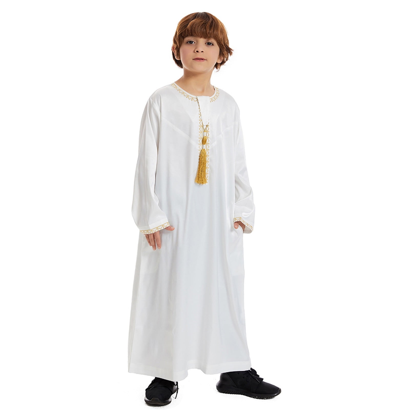 FAOWME Arabic Thobe Long Sleeve Kaftan Crew Robe Teen Boys Long Sleeve ...