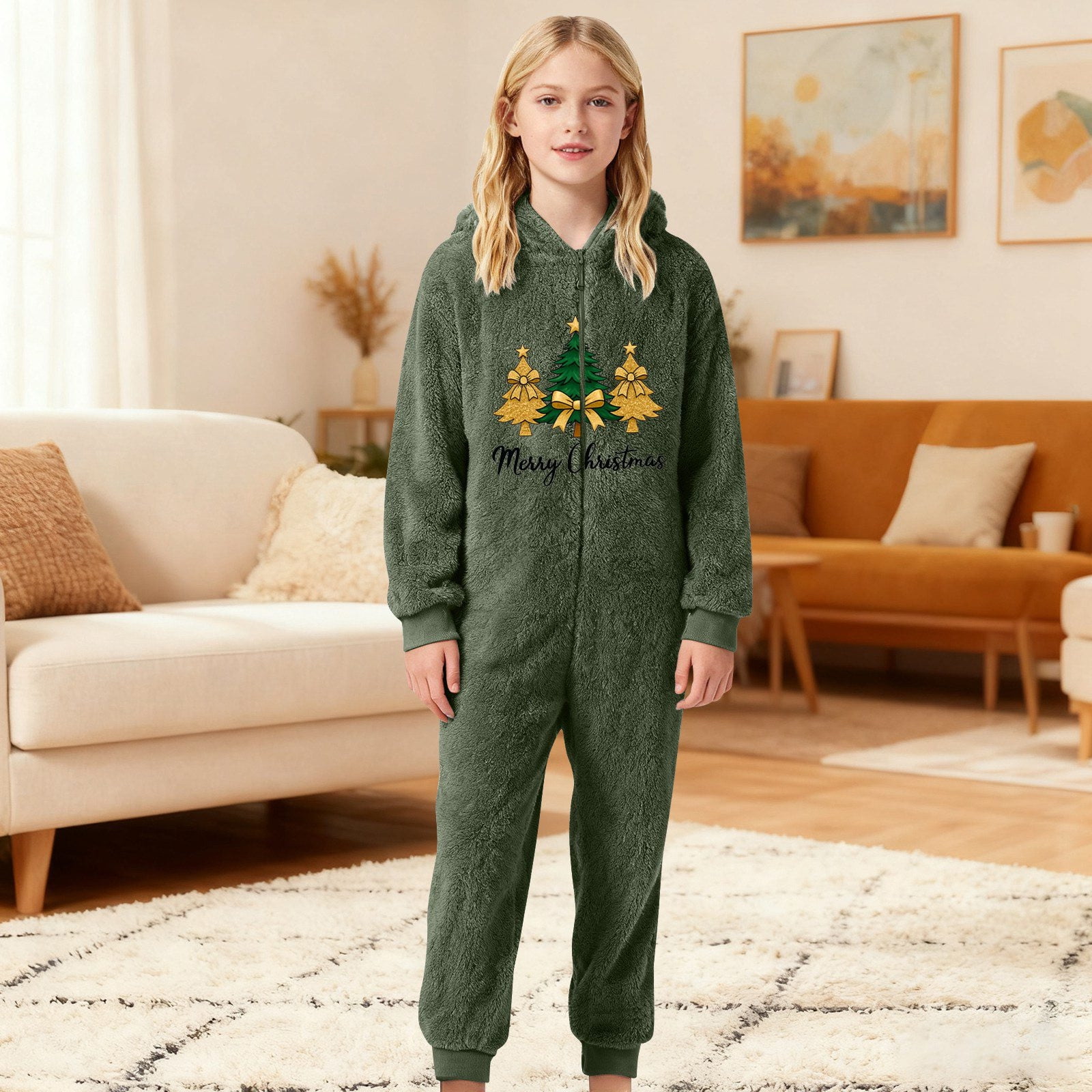 FAOWME Big Kids Girls Hooded Jumpsuits Long Sleeve Christmas Tree Print ...