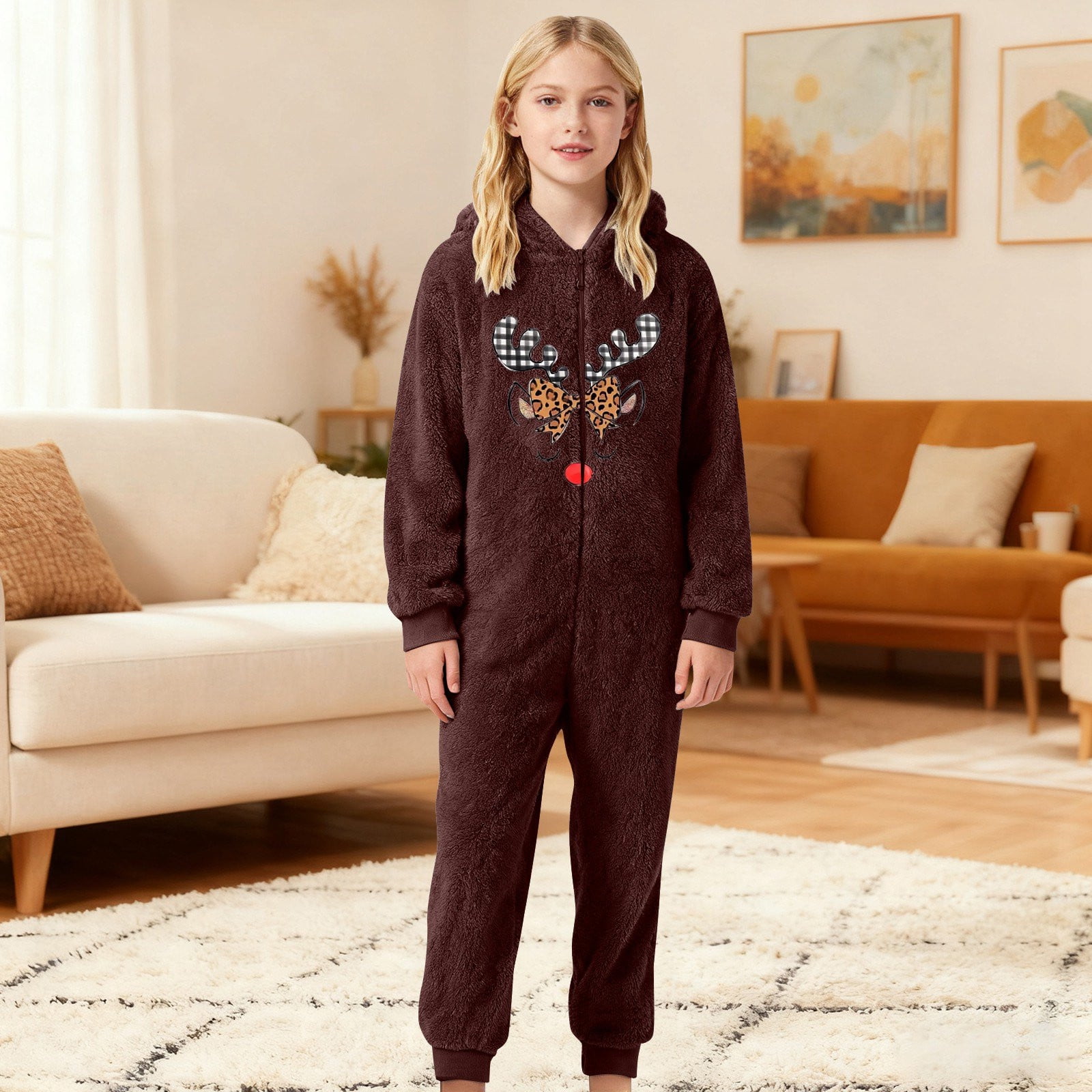 FAOWME Big Kids Girls Hooded Jumpsuits Long Sleeve Reindeer Print ...