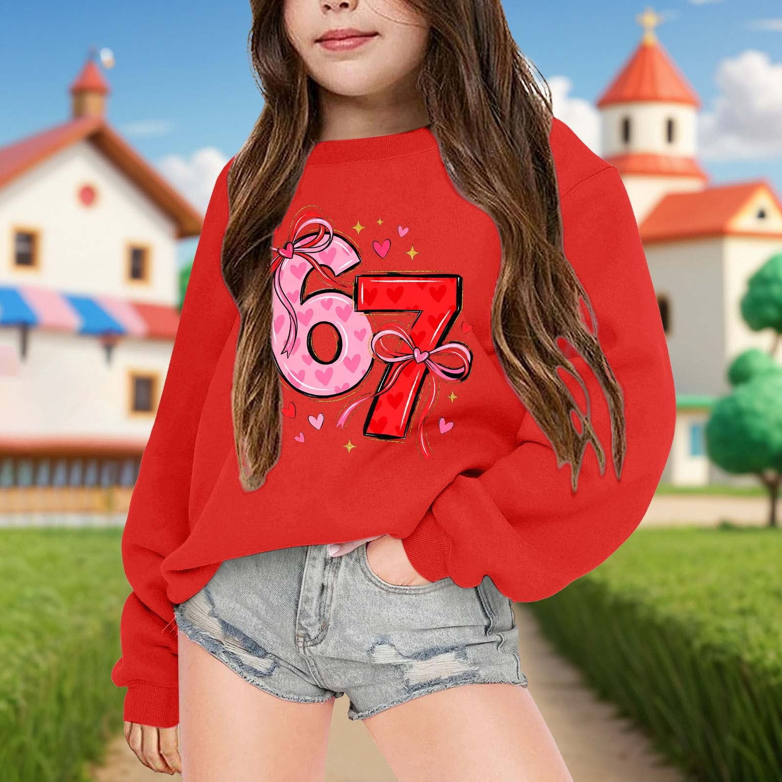 FAOWME Big Kids Girls Sweatshirt Long Sleeve Round Neck 6 7 Print ...