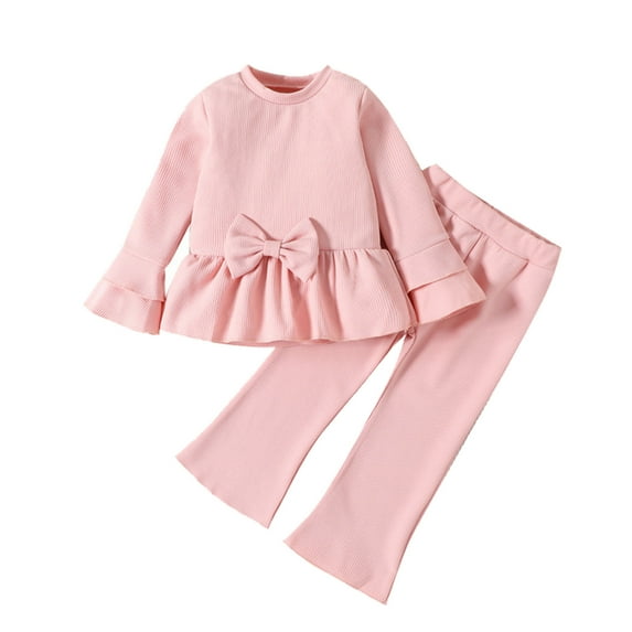 FAOWME Child Toddler Girls Flare Sleeve Ribbed T Shirt Pullover Bowknot ...