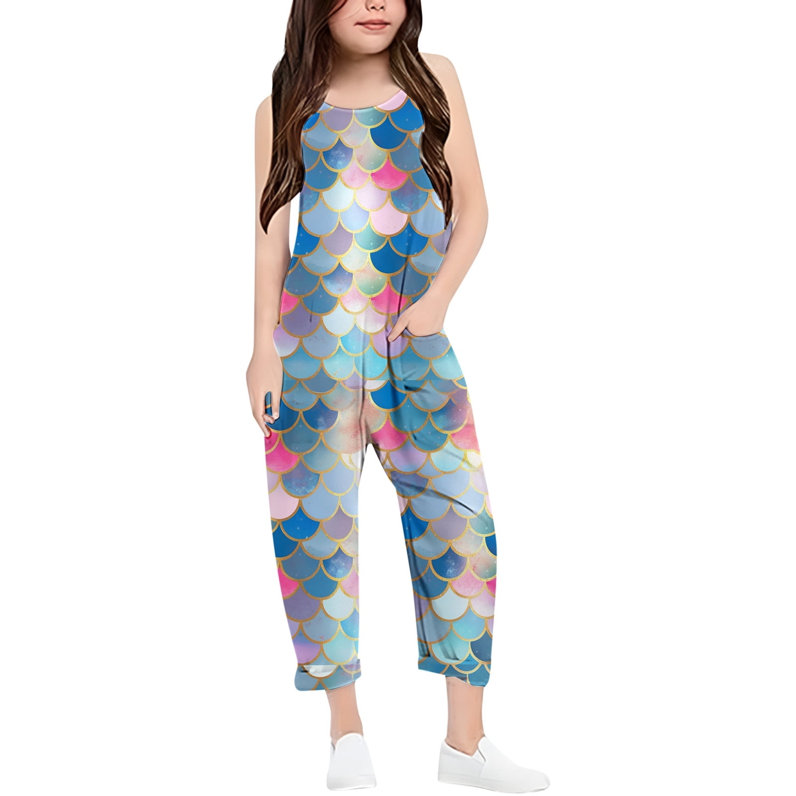 FAOWME Girls Fish Scale Printed Casual V Strap Romper Solid Color Loose ...