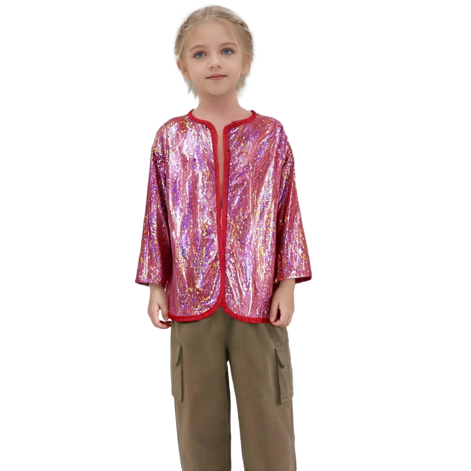 FAOWME Girls Shiny Sequin Jacket Long Sleeve Lightweight Jackets Coat ...