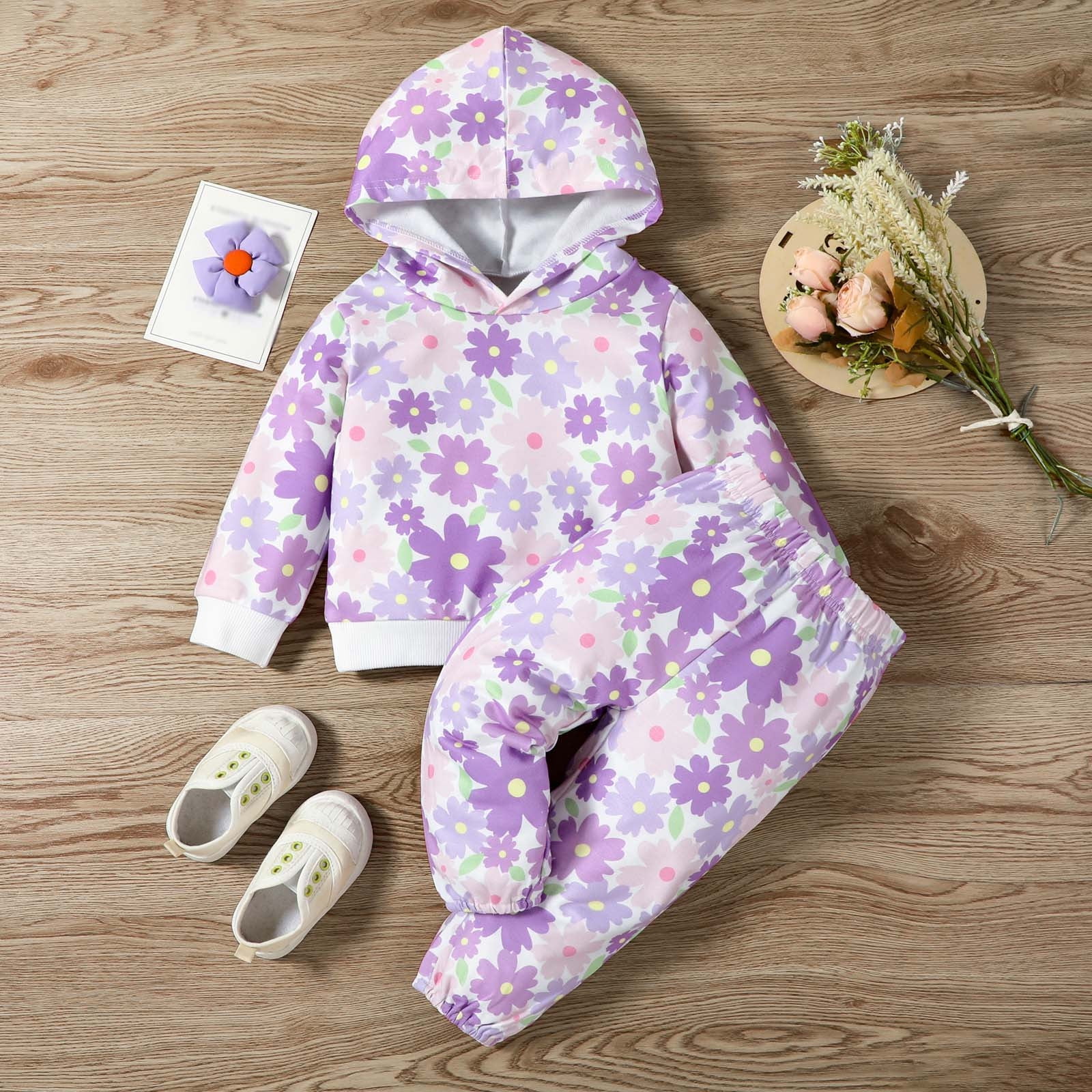 FAOWME Infant Girls Outfits Two Piece Long Sleeve Round Neck Floral ...