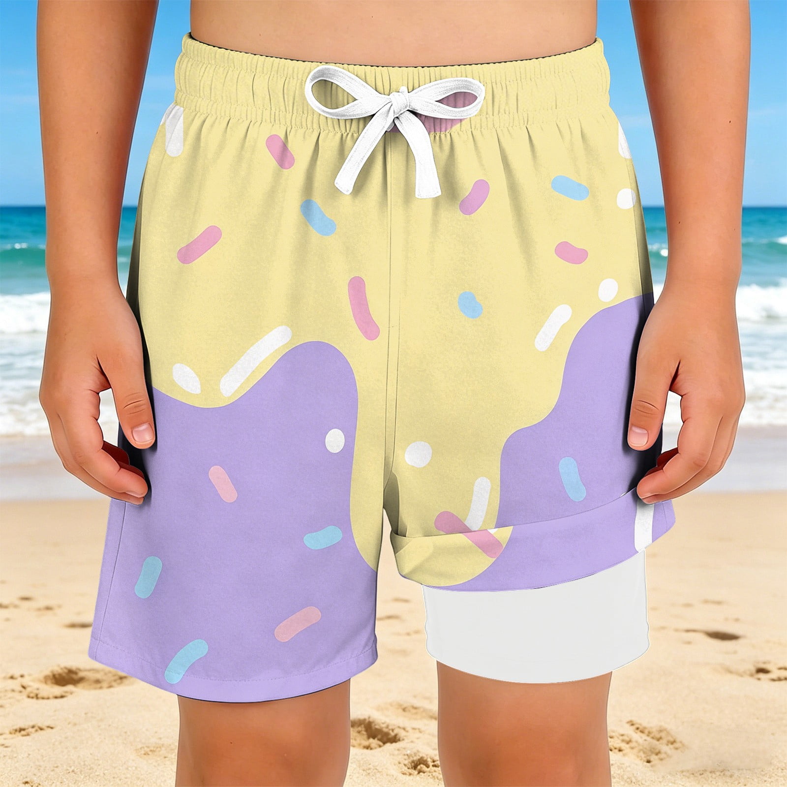 FAOWME Kids Boys Beach Shorts Drawstring Elastic Waist Ice Cream Print ...
