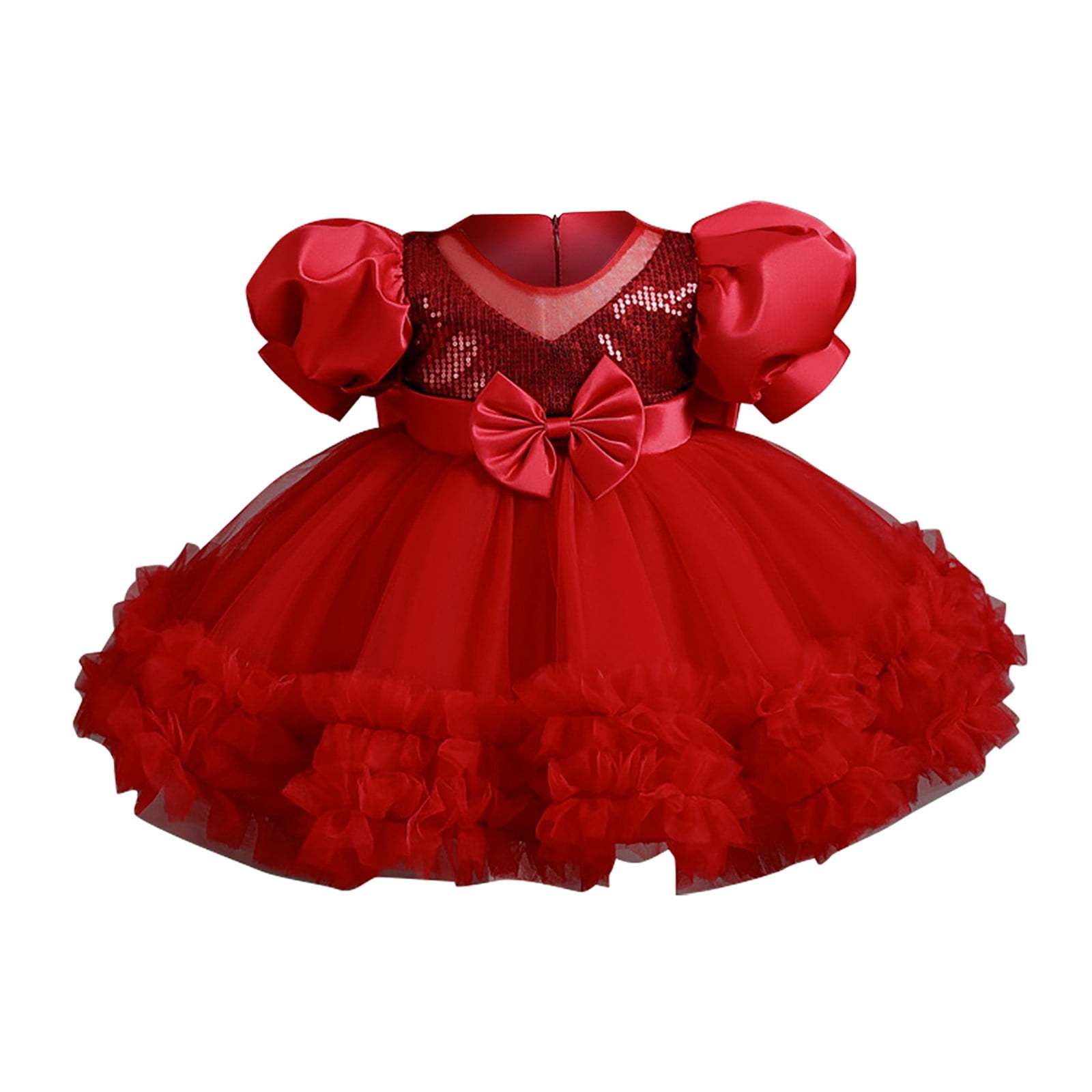 FAOWME Kids Flower Girl Dress Ruffle Tulle Beads Toddler Bowknot ...