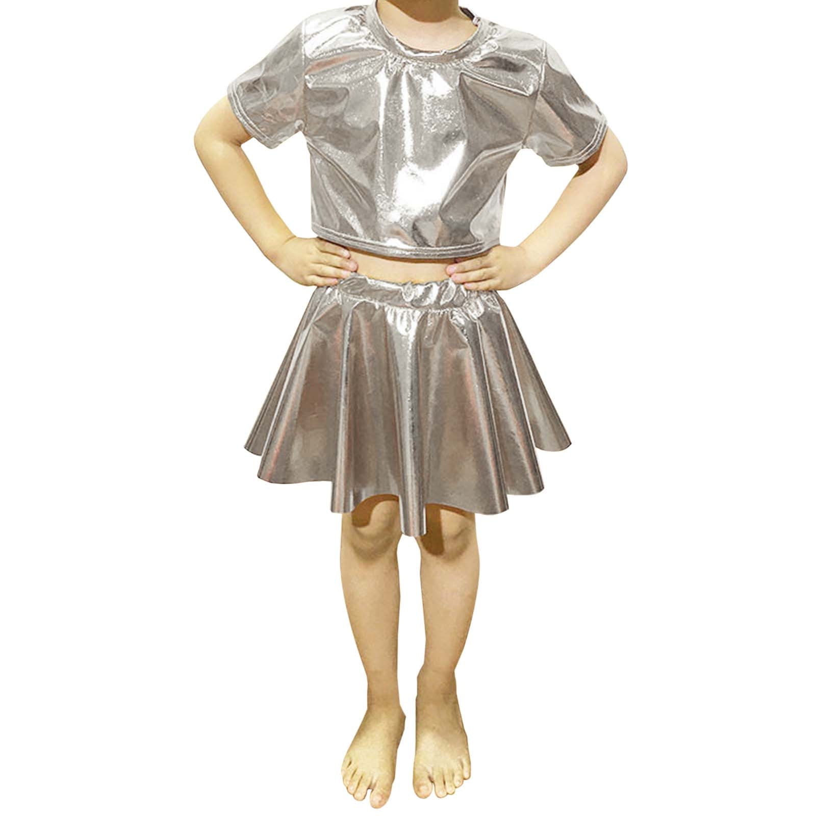 FAOWME Kids Stage Performance Puffy Dress Shiny Pleated Skirt Short ...